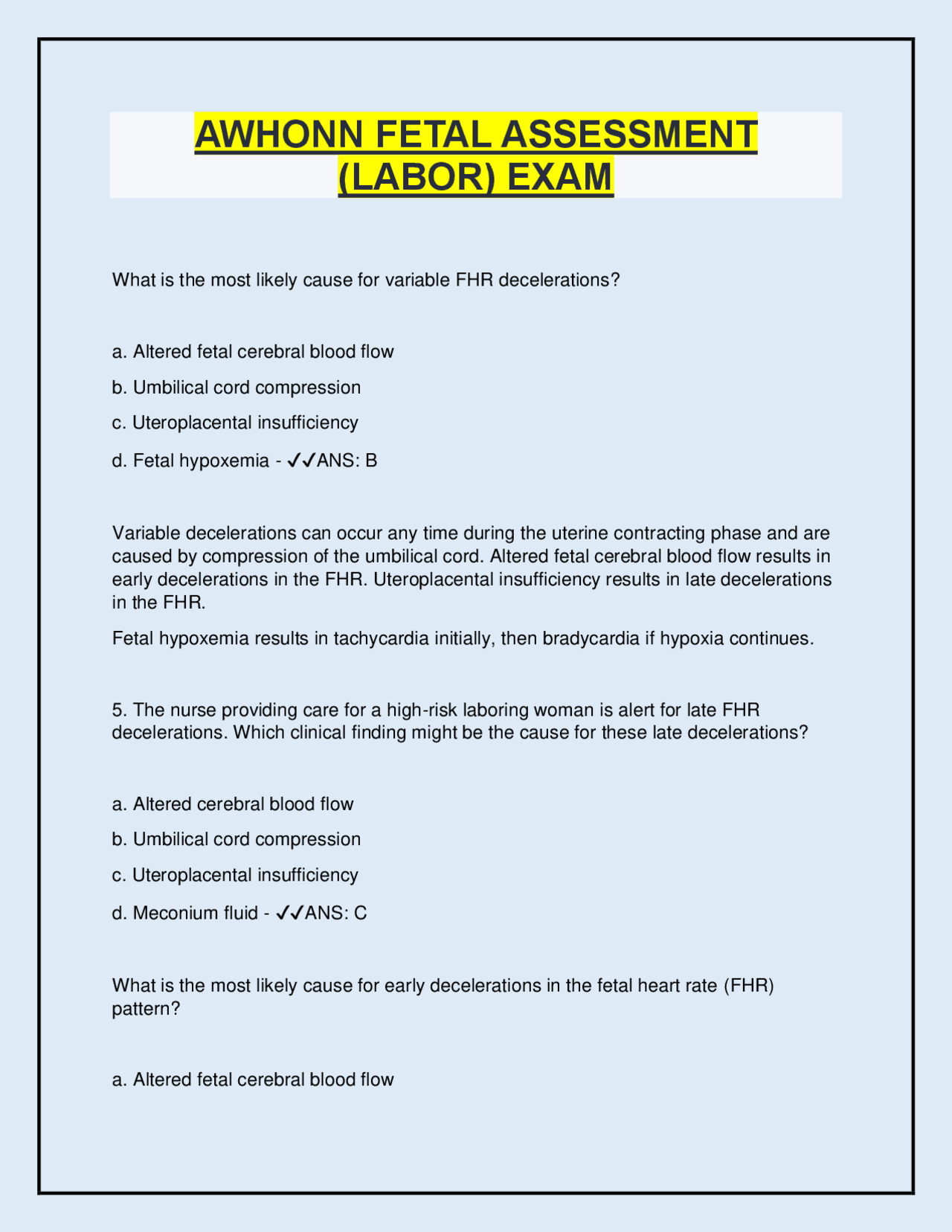 AWHONN FETAL ASSESSMENT (LABOR) EXAM WITH 100% CORRECT ANSWERS 2024 ...