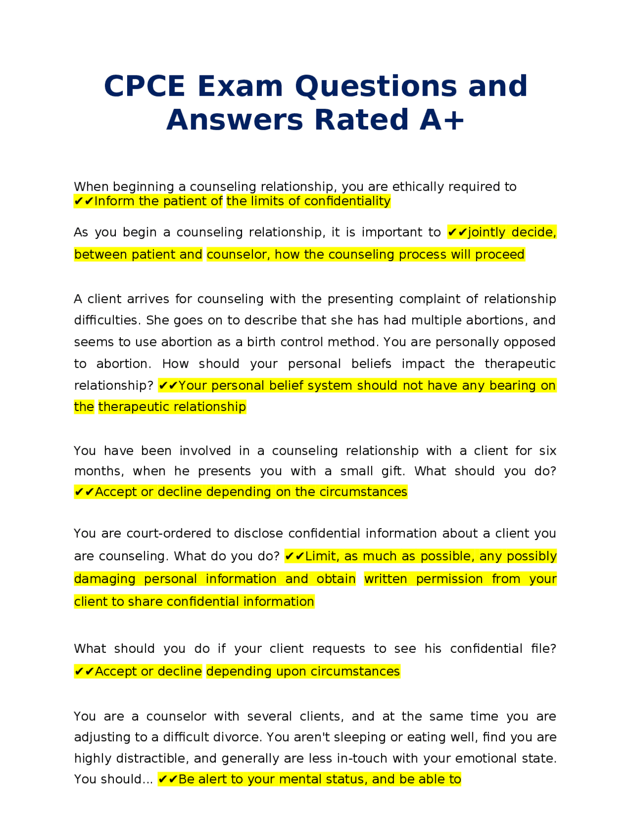 CPCE Exam Questions and Answers Rated A+ | Exams Nursing | Docsity