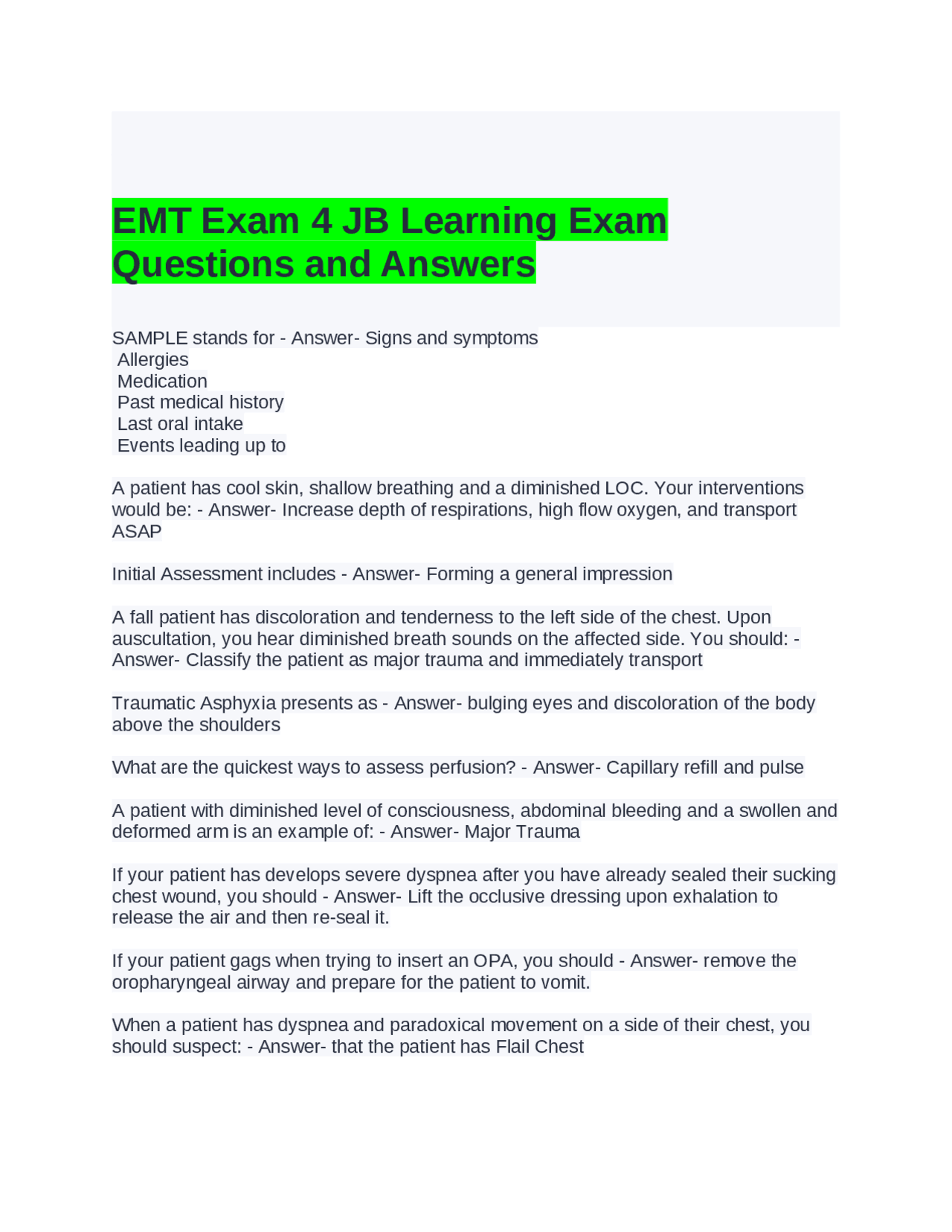 EMT Exam 4 JB Learning Exam Questions and Answers | Exams Nursing | Docsity