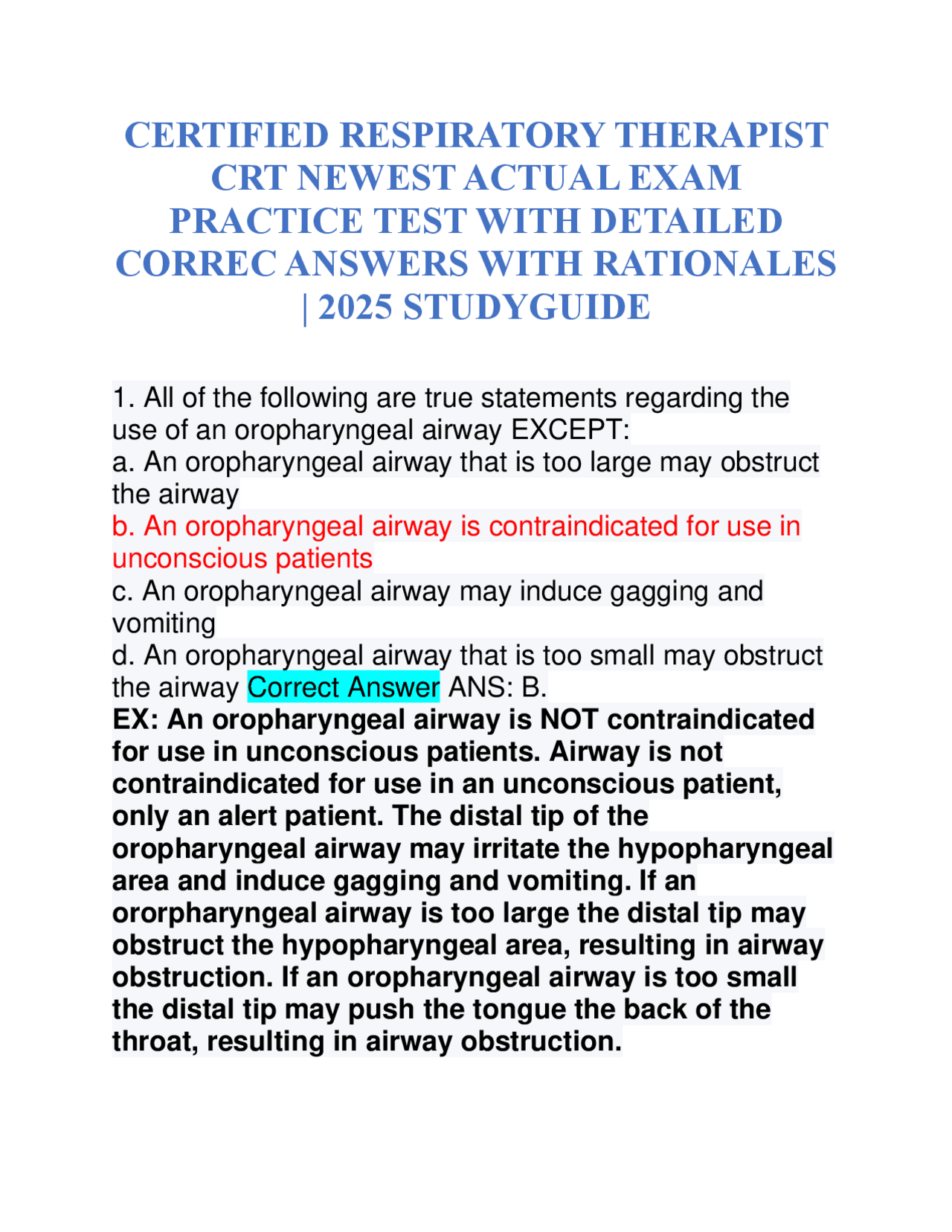 CERTIFIED RESPIRATORY THERAPIST NEWEST ACTUAL EXAM 2025 PRACTICE TEST ...