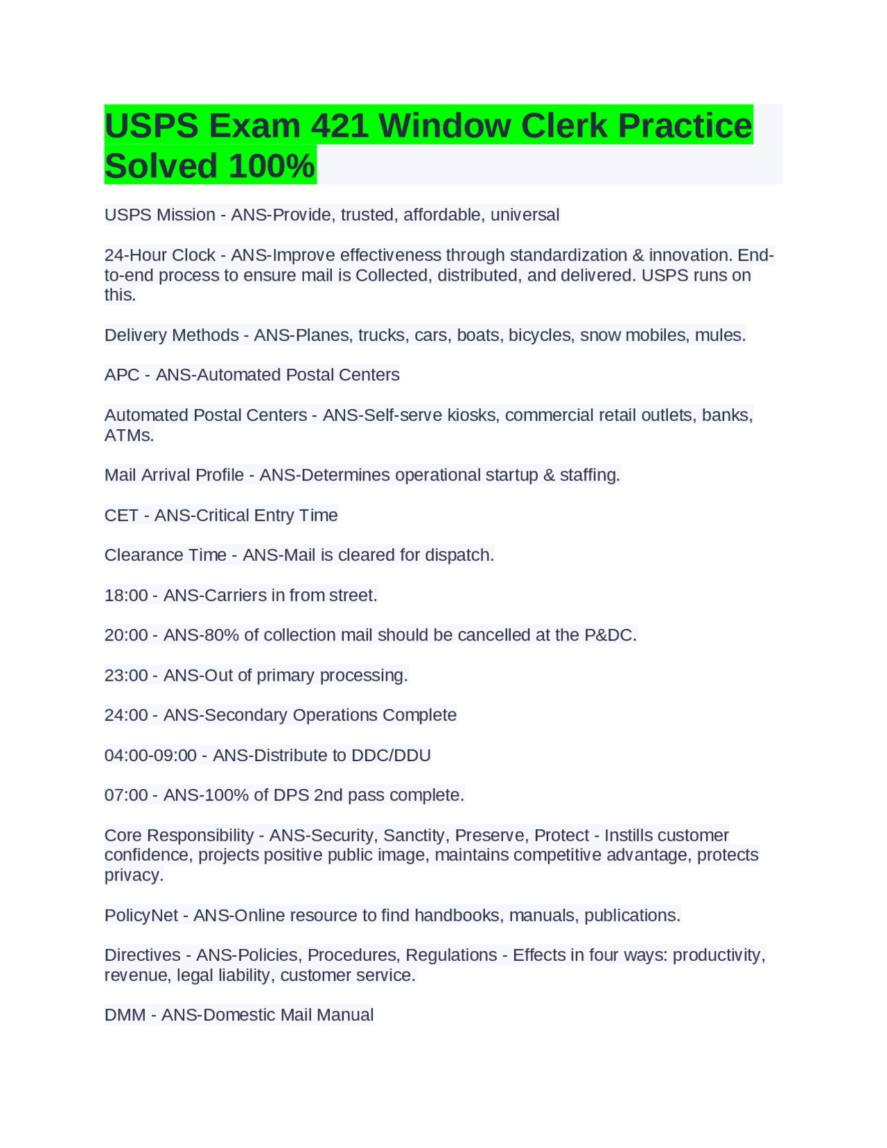 USPS Exam 421 Window Clerk Practice Solved 100% | Exams Advanced ...