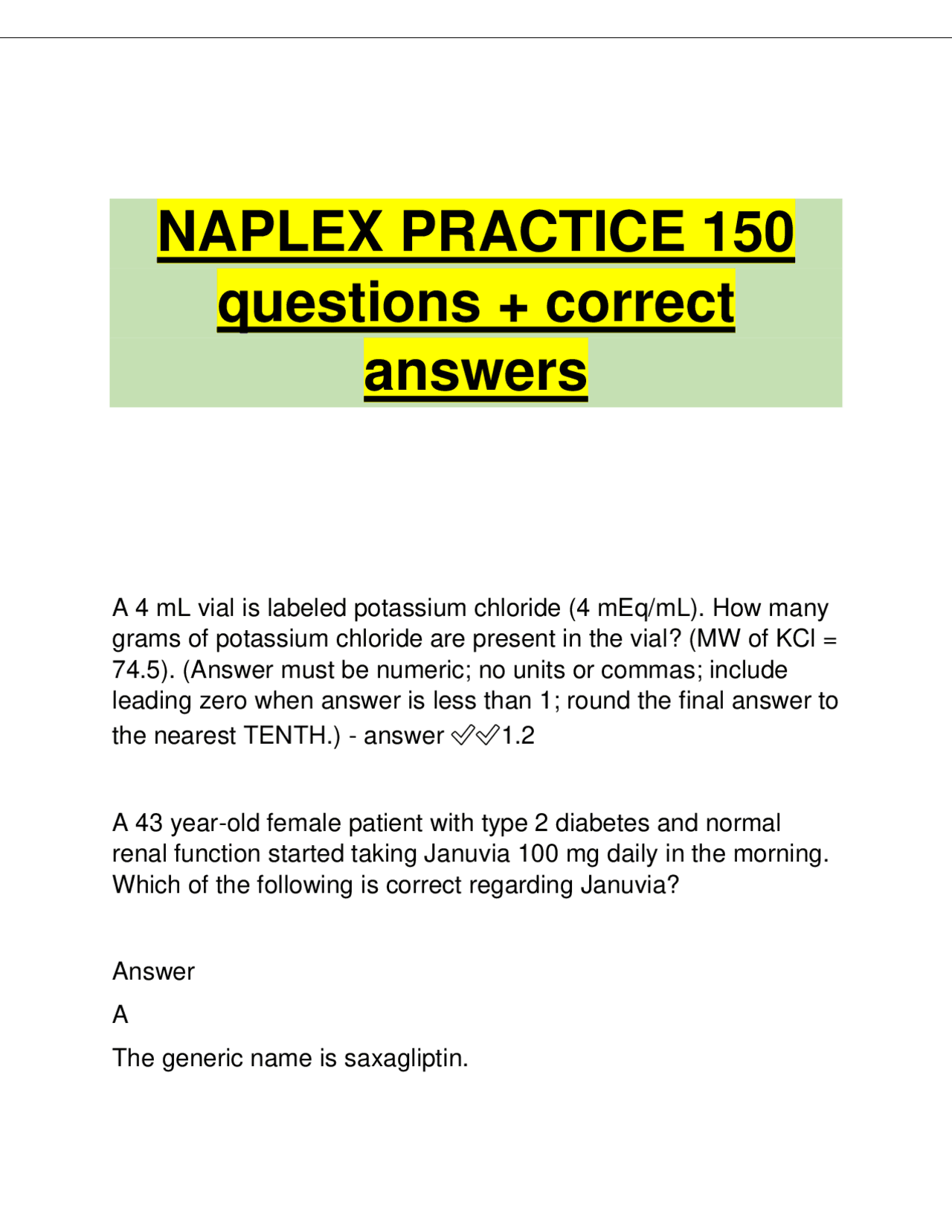NAPLEX PRACTICE 150 questions + correct answers | Exams Nursing | Docsity