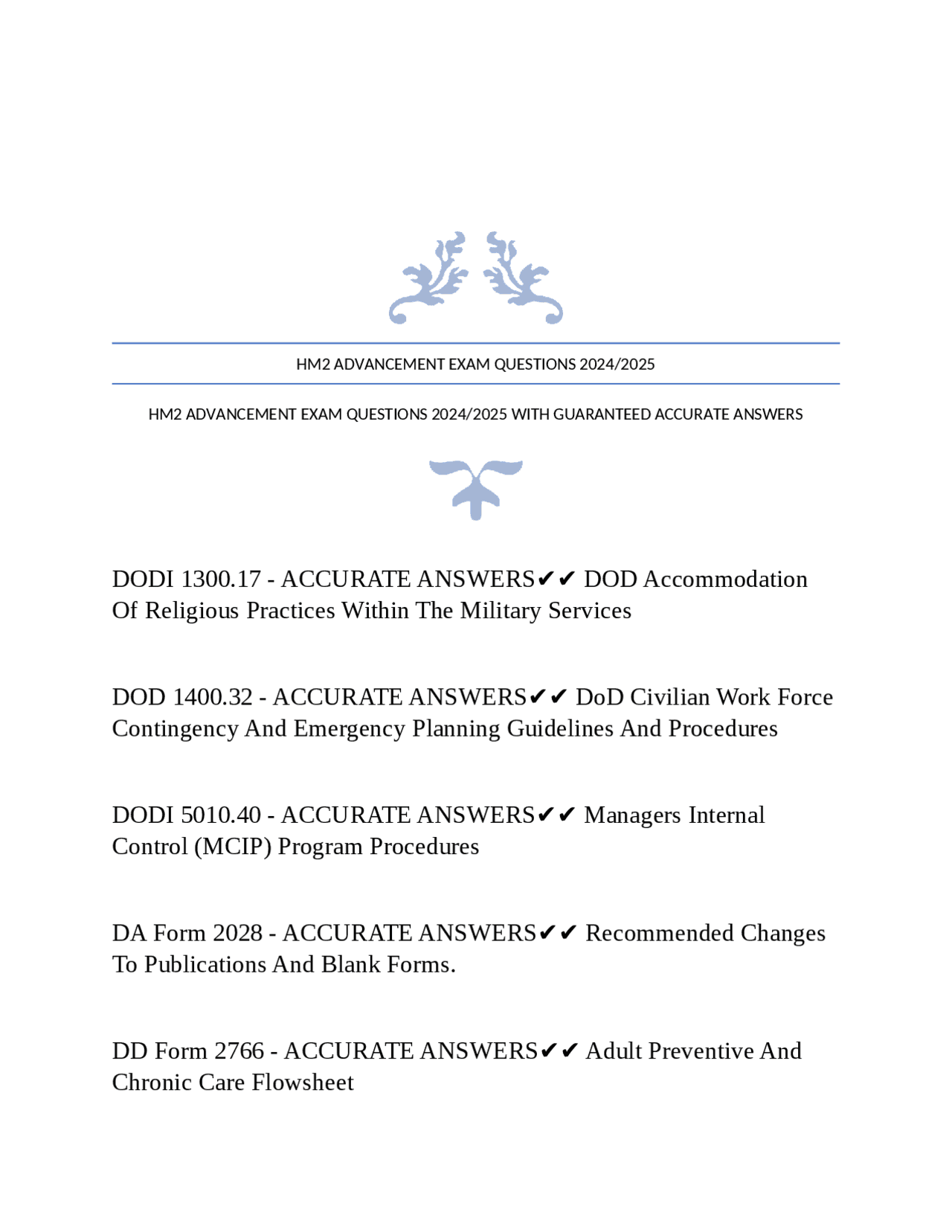 HM2 ADVANCEMENT EXAM QUESTIONS 2024/2025 WITH GUARANTEED ACCURATE ...