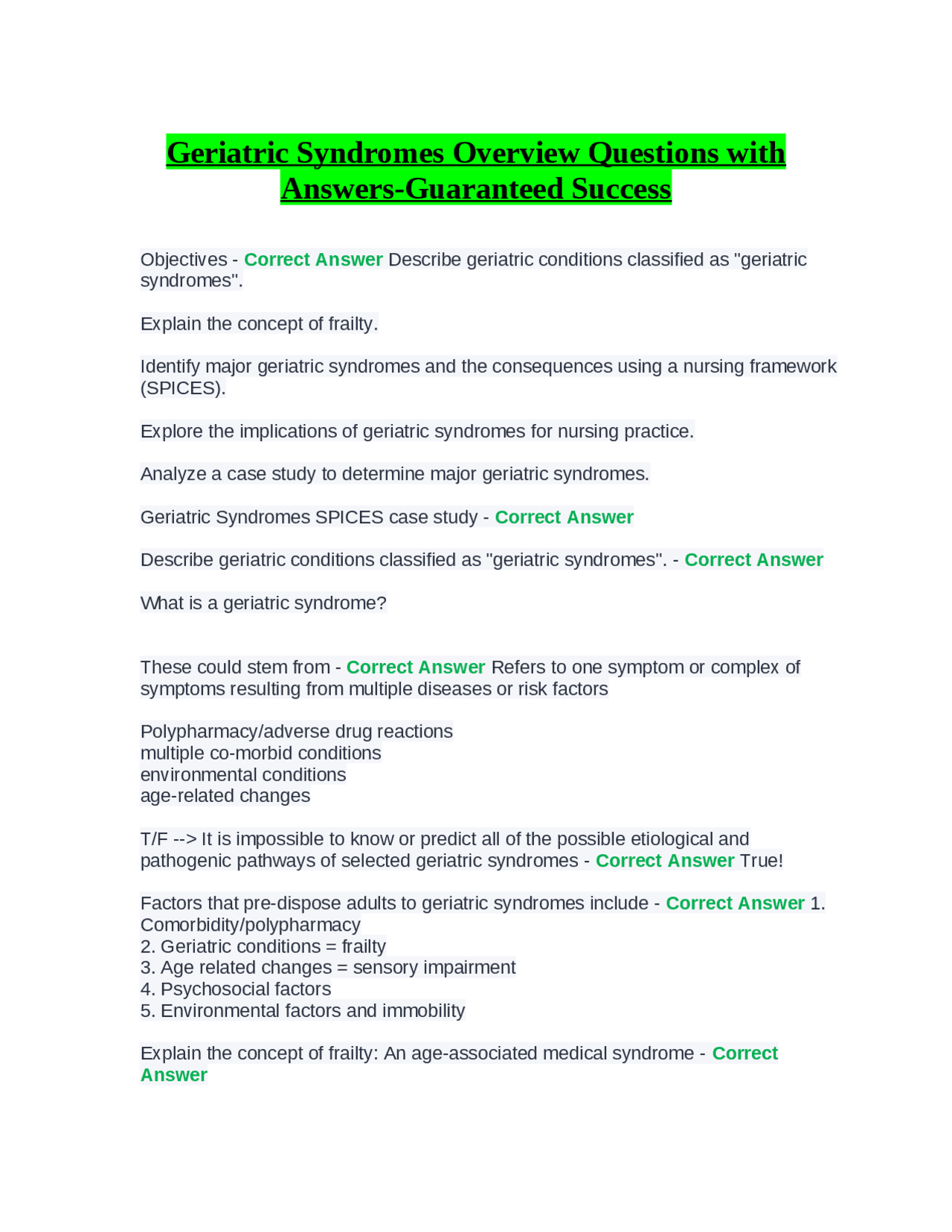 Geriatric Syndromes Overview Questions with Answers-Guaranteed Success ...