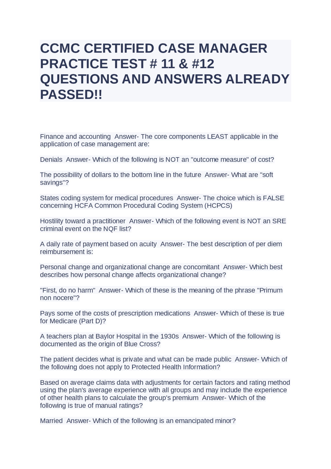 CCMC CERTIFIED CASE MANAGER PRACTICE TEST # 11 & #12 QUESTIONS AND ...
