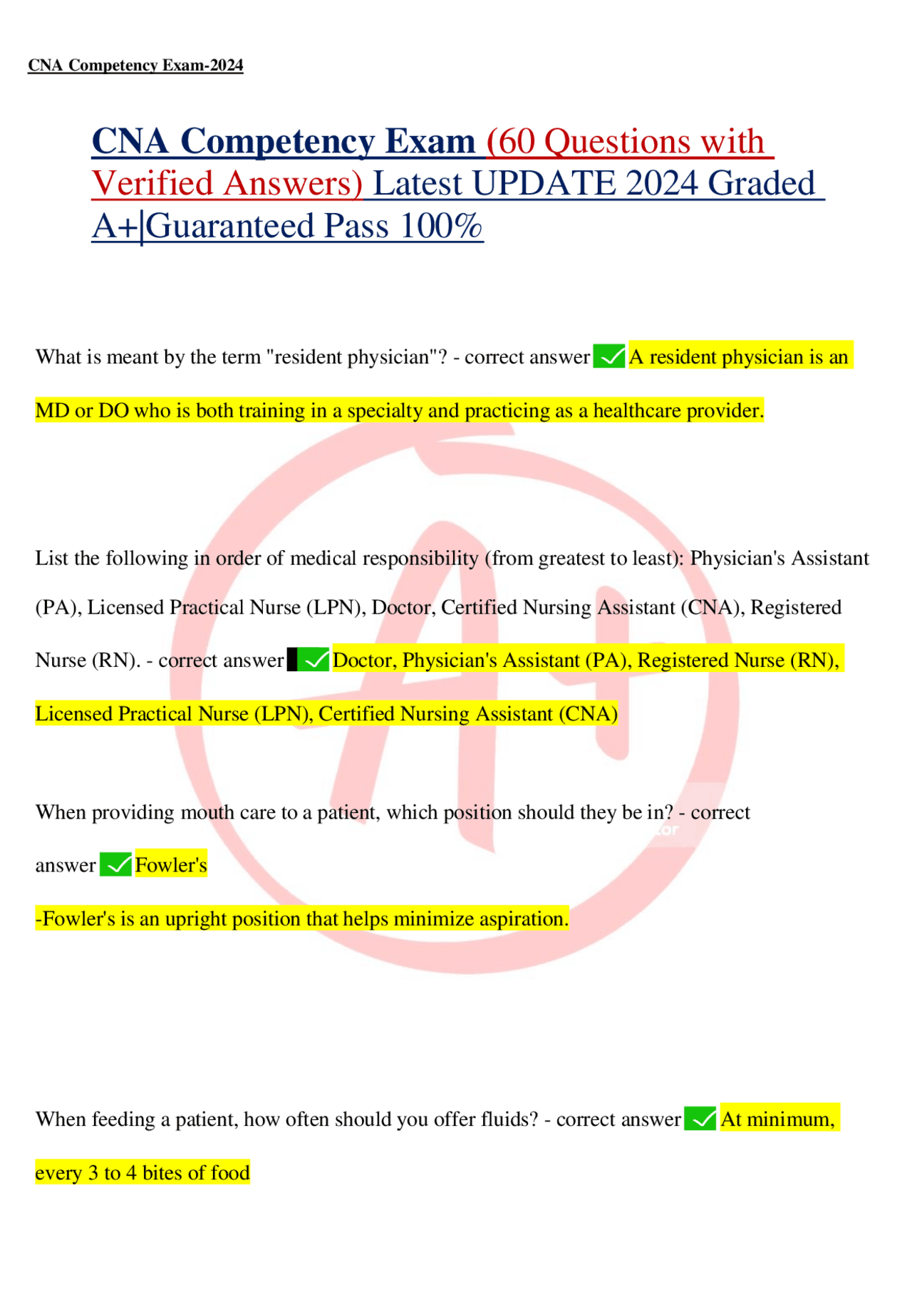 CNA Competency Exam (60 Questions with Verified Answers) Latest UPDATE ...