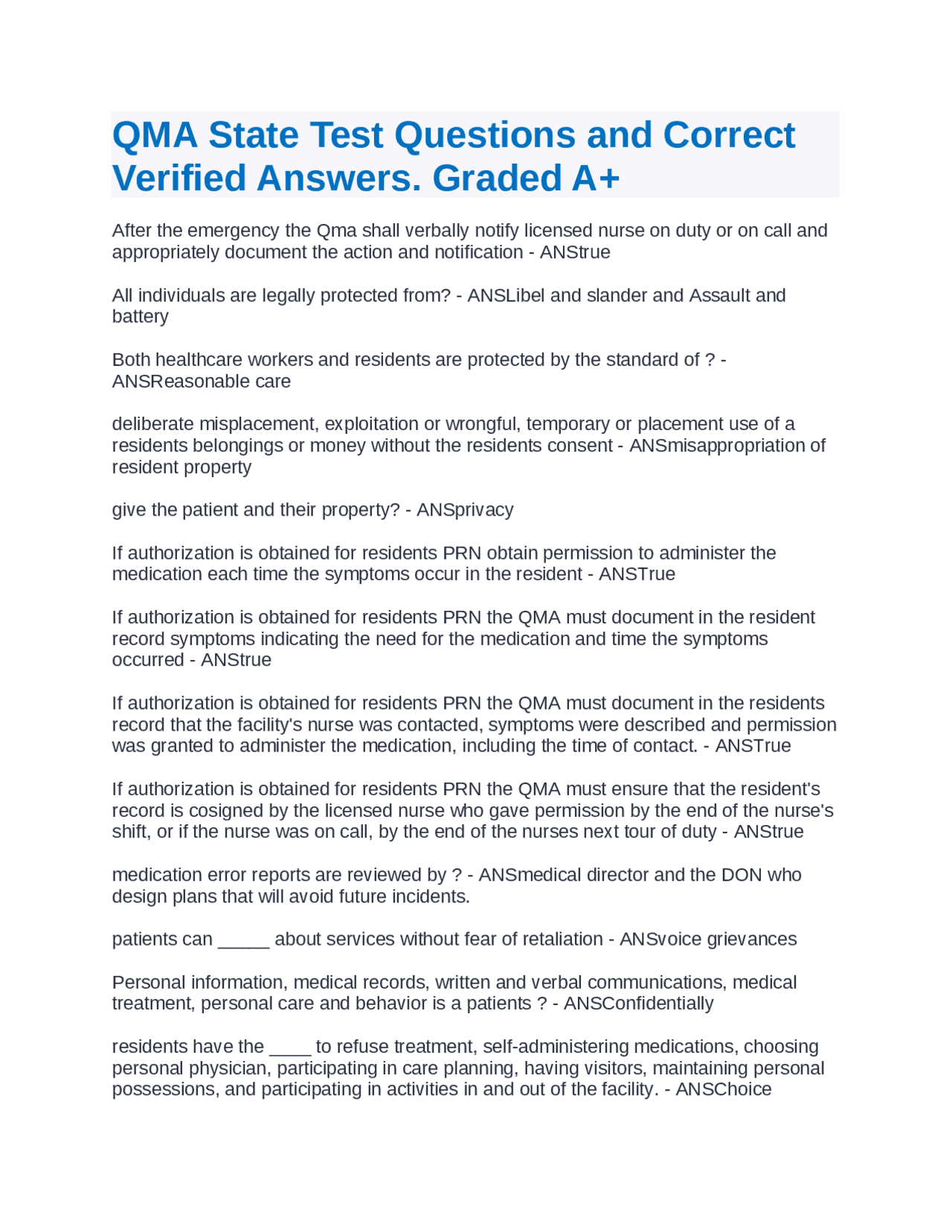 QMA State Test Questions and Correct Verified Answers | Exams Nursing ...