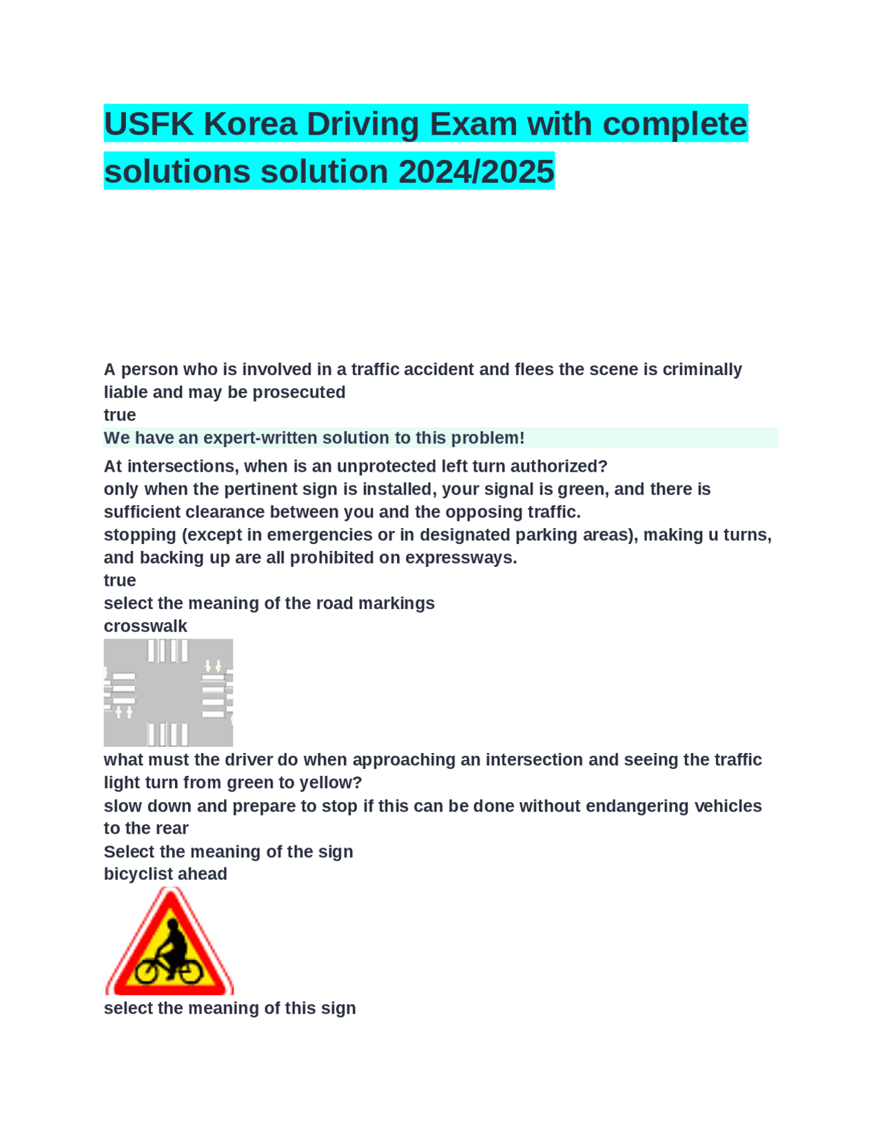 USFK Korea Driving Exam with complete solutions | Exams European ...