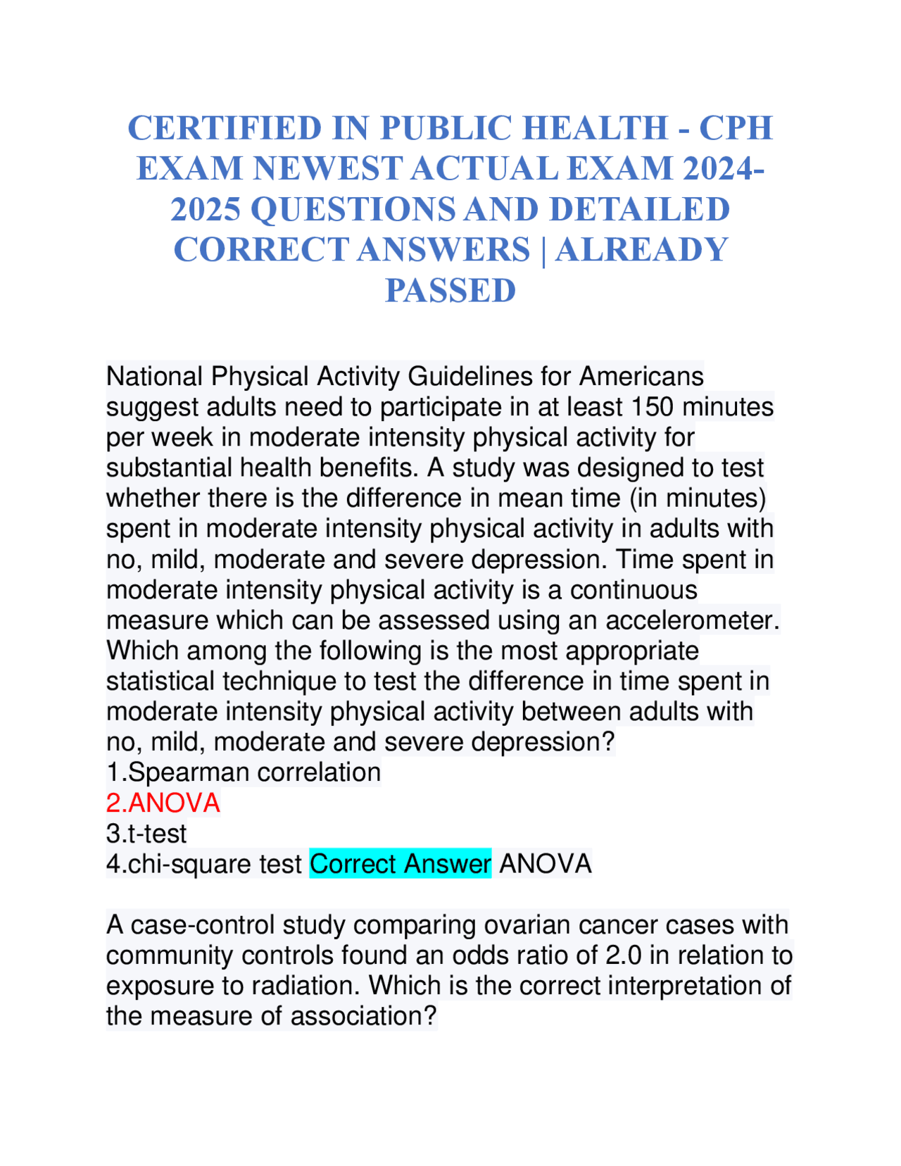 CERTIFIED IN PUBLIC HEALTH - CPH EXAM NEWEST ACTUAL EXAM 2024- 2025 ...