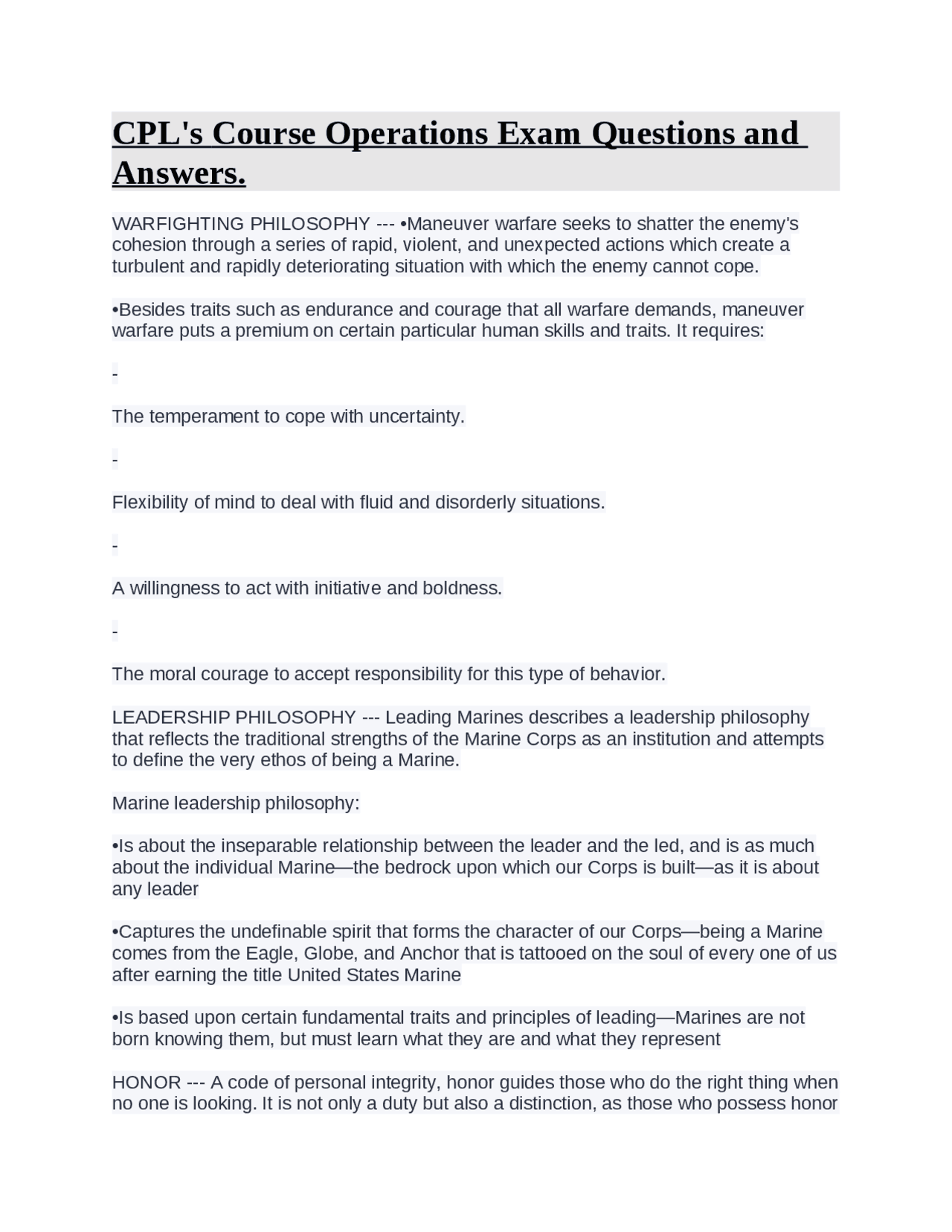 CPL's Course Operations Exam Questions and Answers. | Exams Production ...