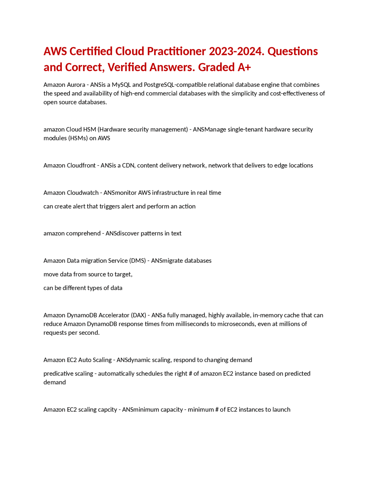 AWS Certified Cloud Practitioner 2023-2024. Questions & Correct, Verified Answers.Grade A+ ...