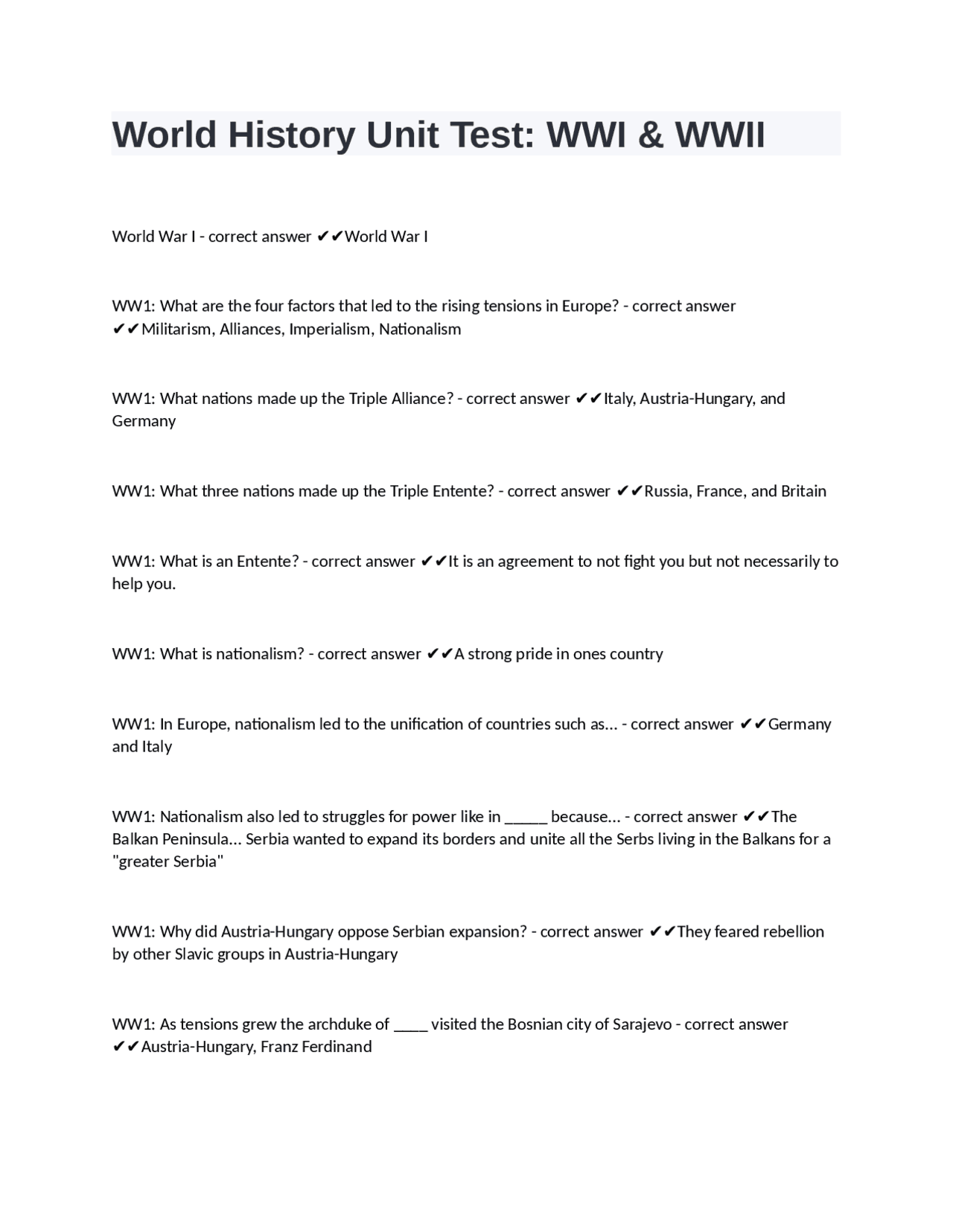 World History Unit Test: WWI & WWII | Exams Nursing | Docsity