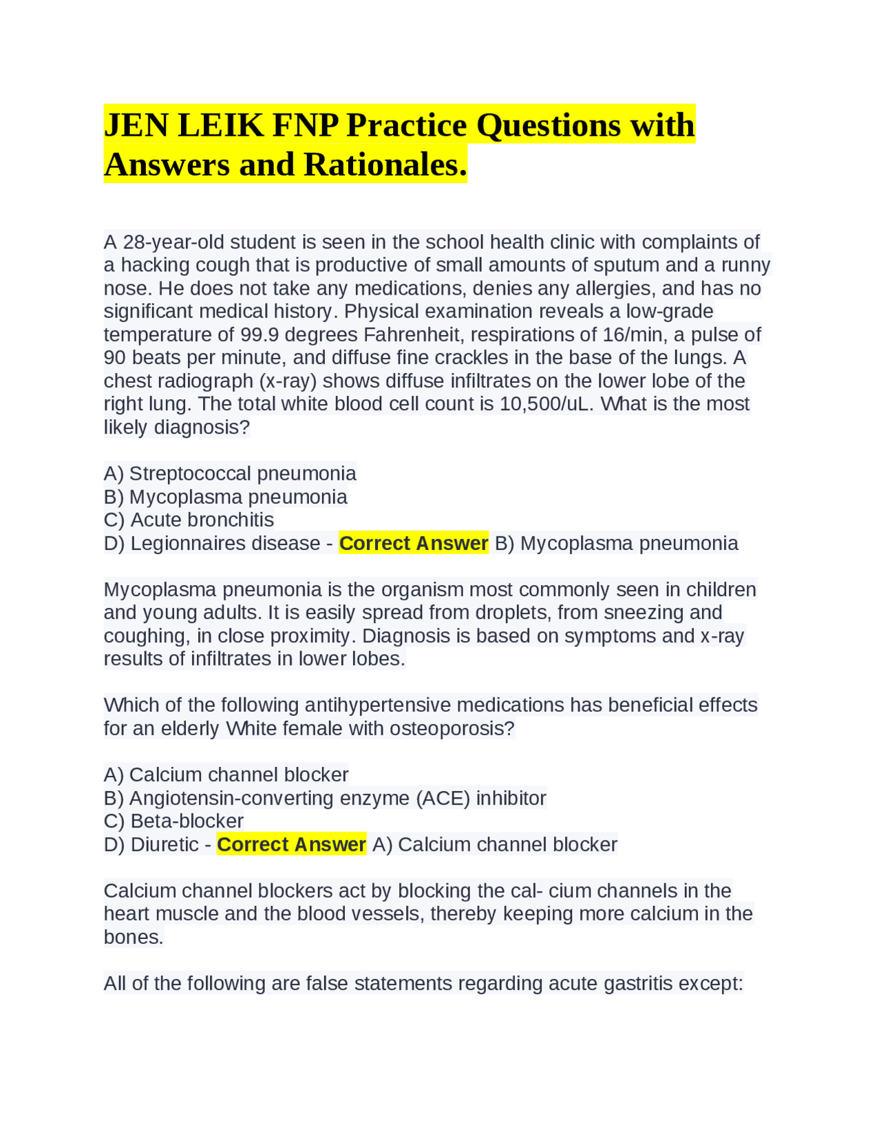 JEN LEIK FNP Practice Questions with Answers and Rationales. | Exams ...