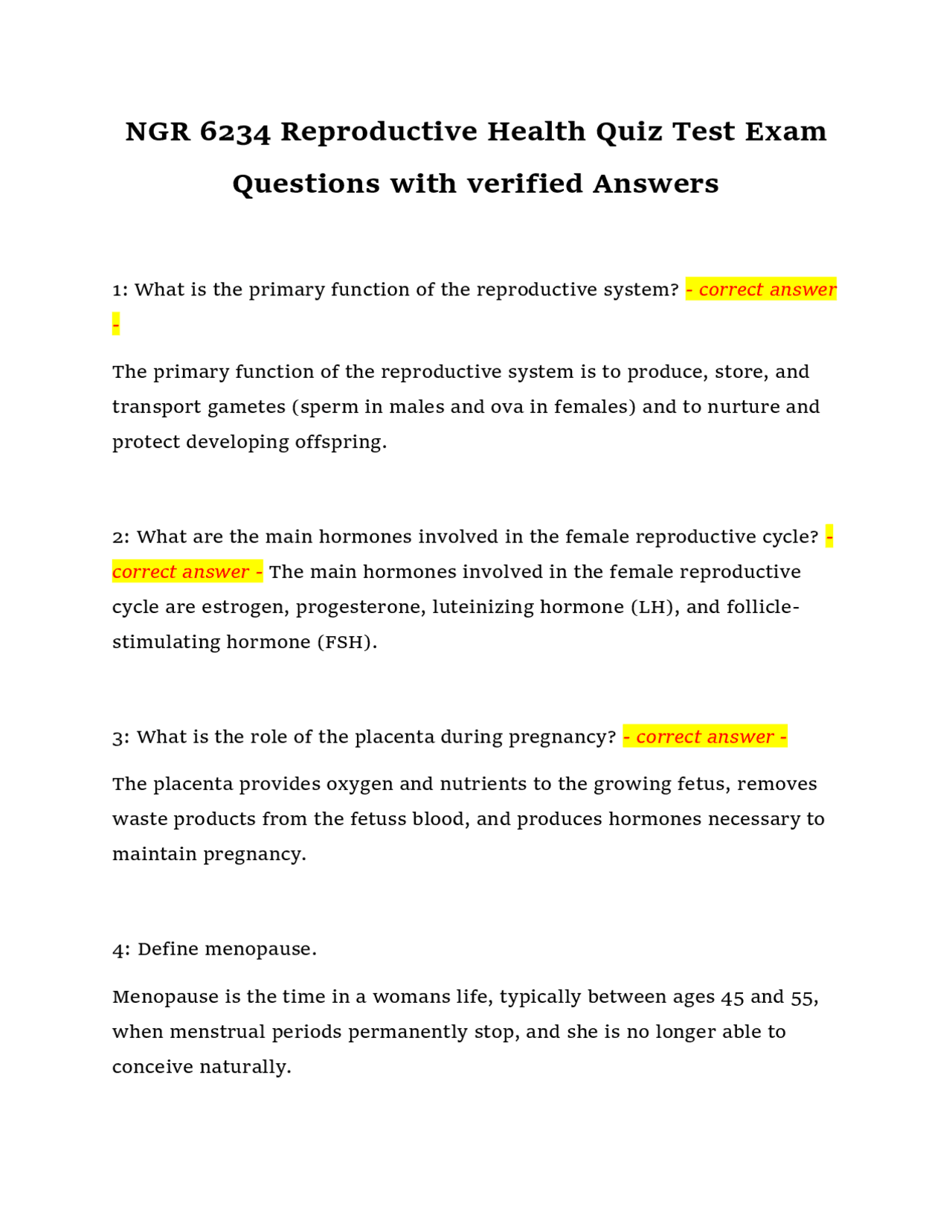 Reproductive Health Quiz Test Exam | Exams Nursing | Docsity