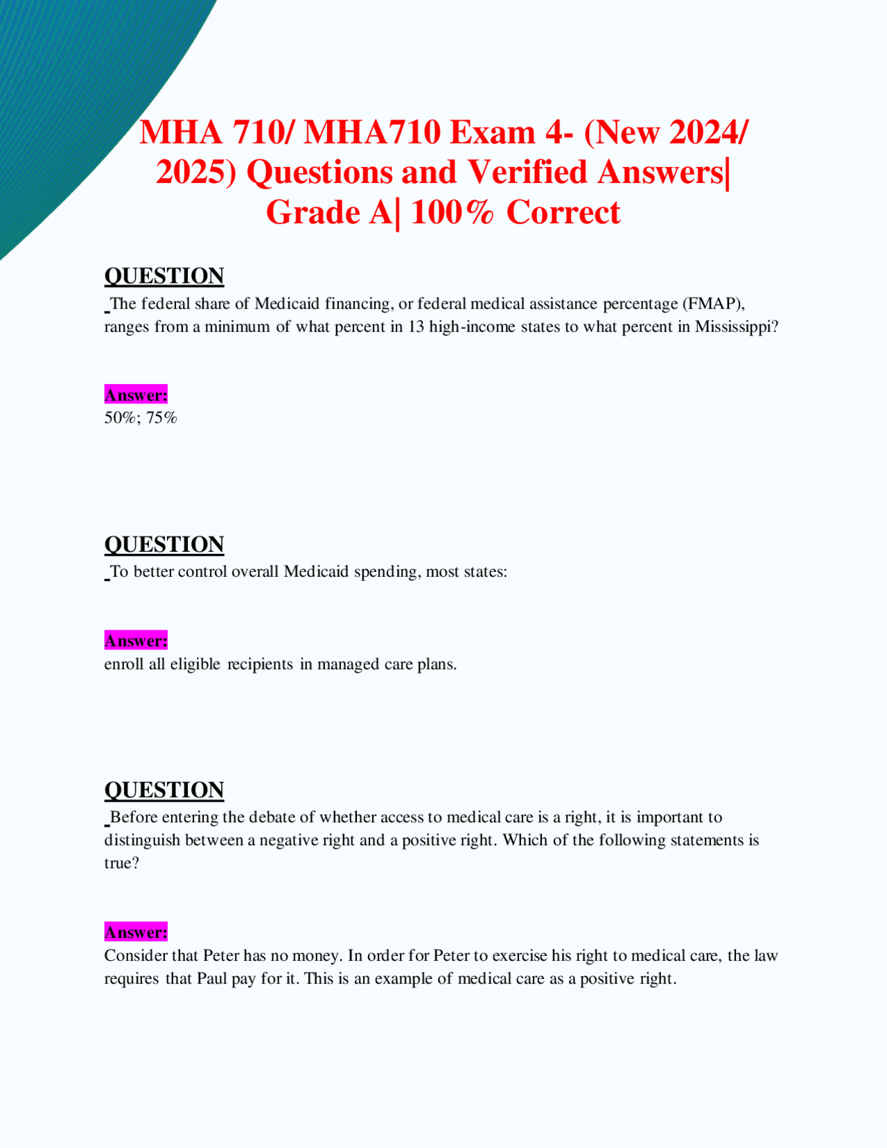 MHA 710/ MHA710 Exam 4- (New 2024/ 2025) Questions and Verified Answers ...