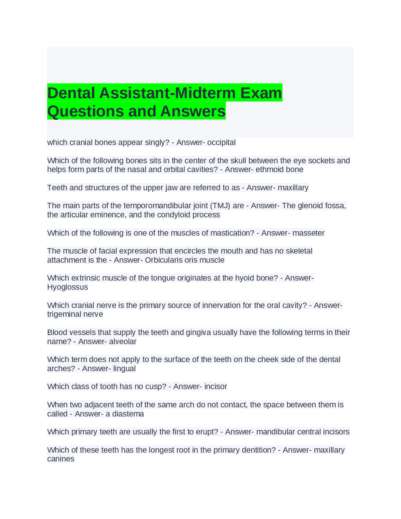 Dental Assistant-Midterm Exam Questions and Answers | Exams Nursing | Docsity