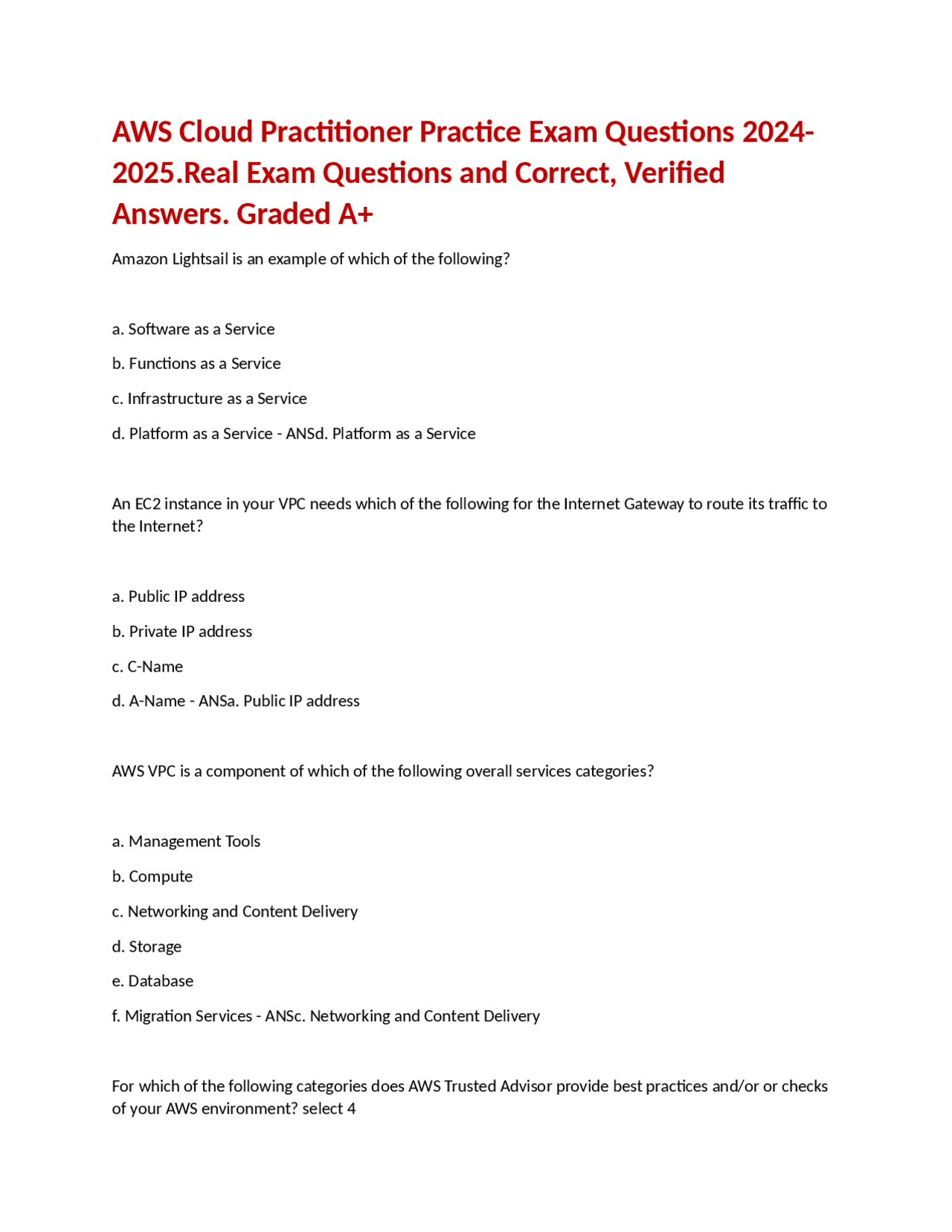 AWS Cloud Practitioner Practice Exam Questions 2024-2025.Real Exam Q & A. Grade A+ | Exams ...