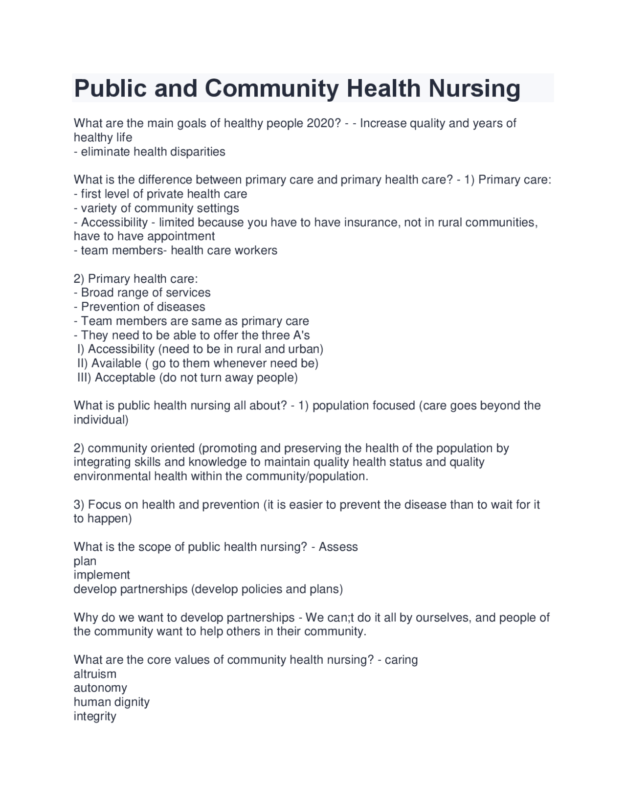 Public and Community Health Nursing | Exercises Nursing | Docsity