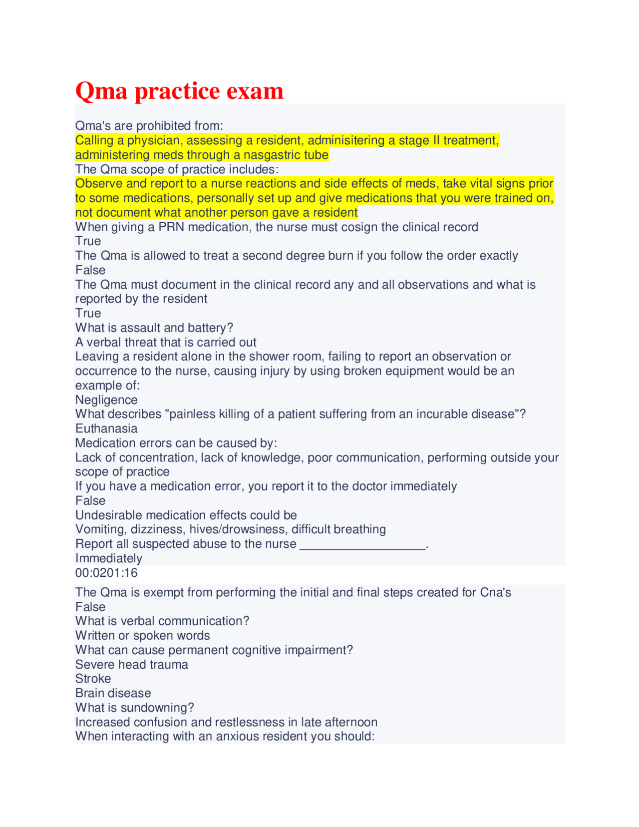 Qualified Medication Aide (QMA) Practice Exam | Exams Nursing | Docsity