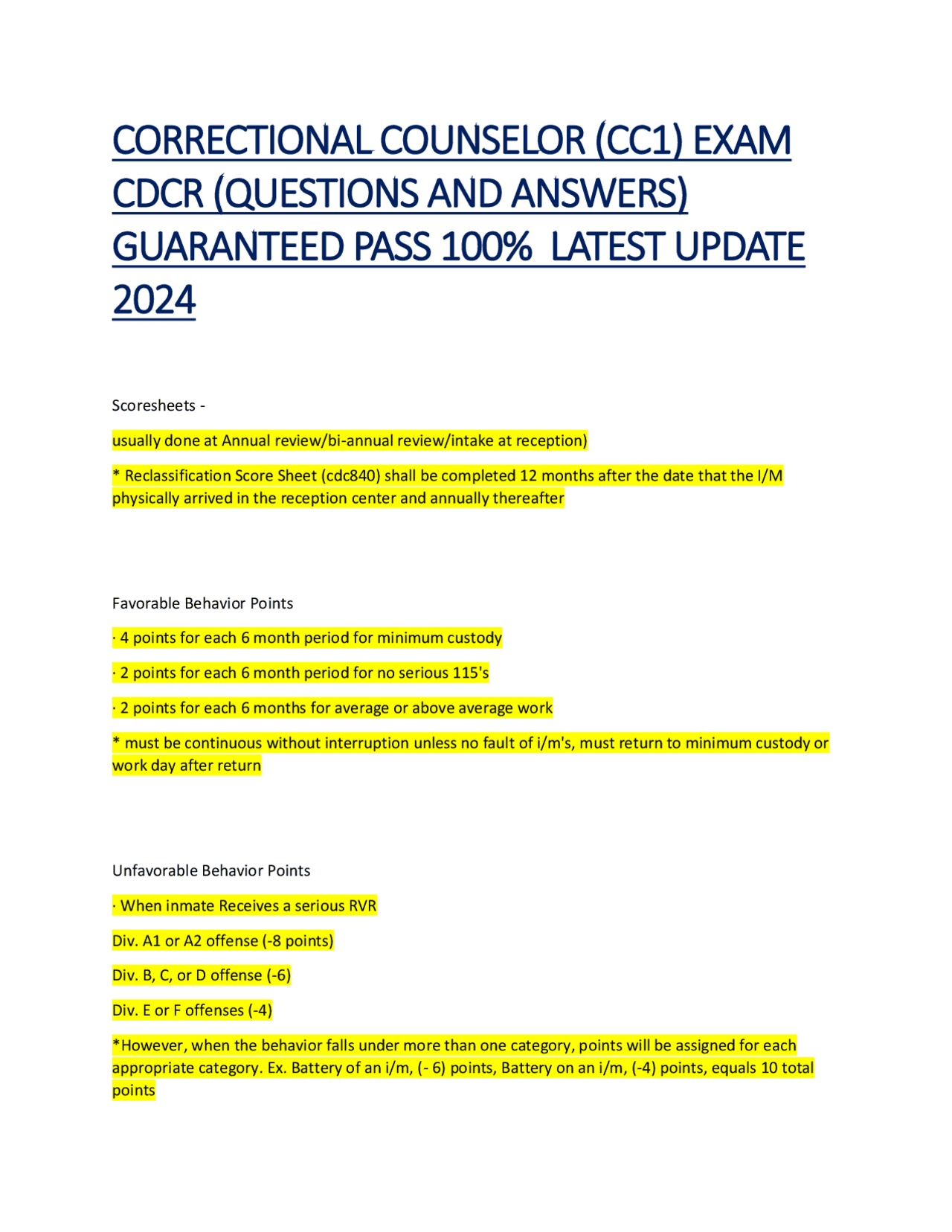 Inmate Classification and Reclassification Procedures | Exams ...