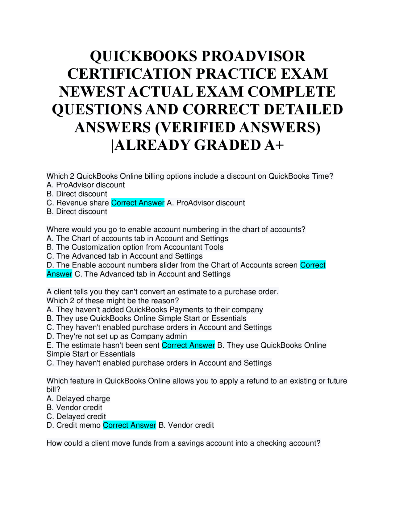 QUICKBOOKS PROADVISOR CERTIFICATION NEWEST ACTUAL EXAM COMPLETE ...