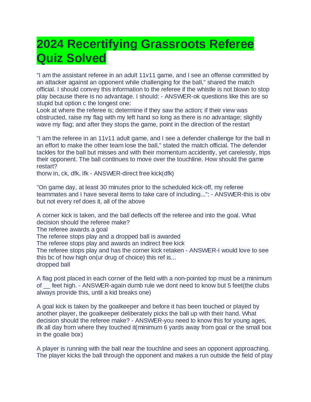 2024 Recertifying Grassroots Referee Quiz Solved | Exams Advanced ...