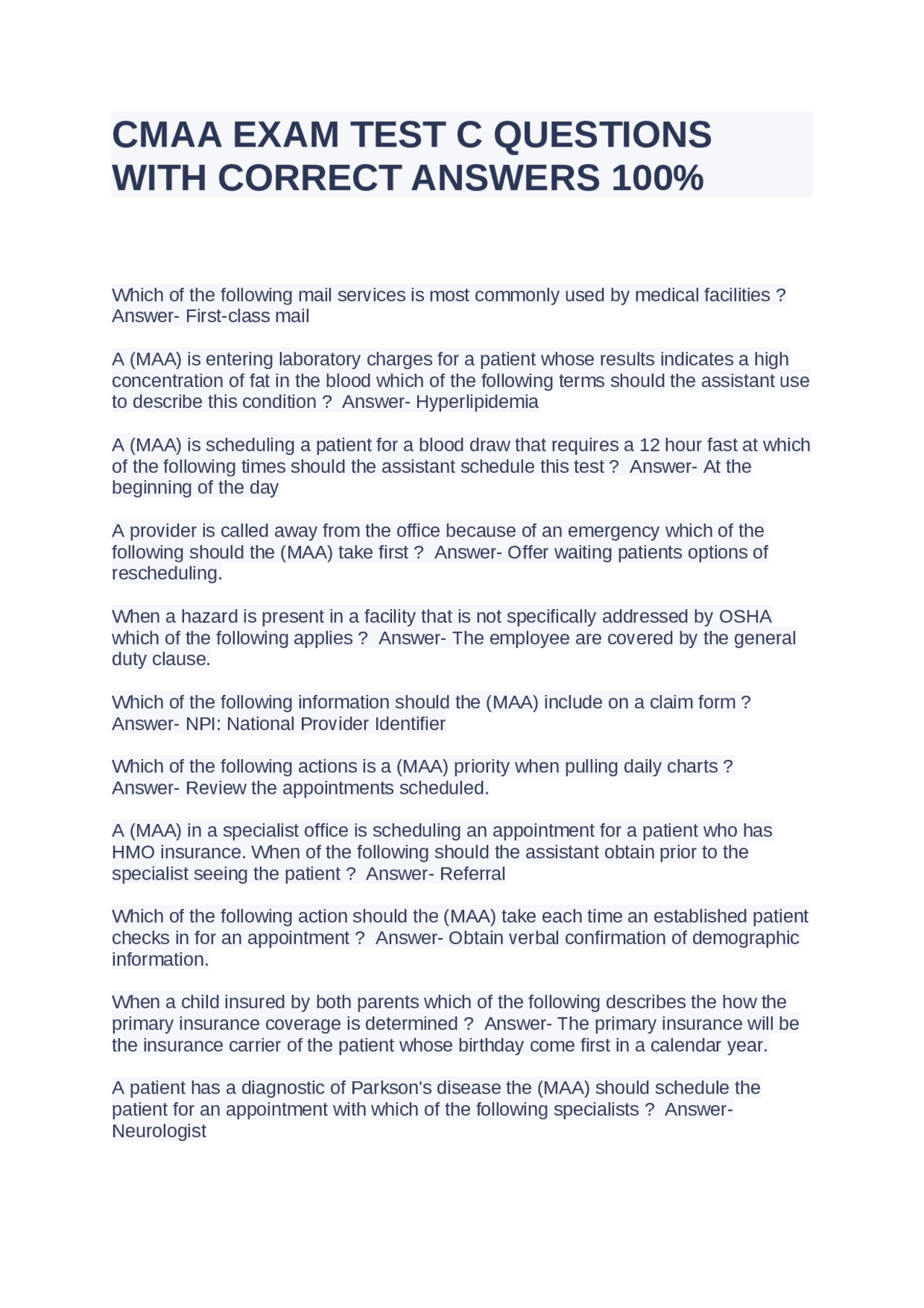 CMAA Exam Test C Questions with Correct Answers | Exams Nursing | Docsity