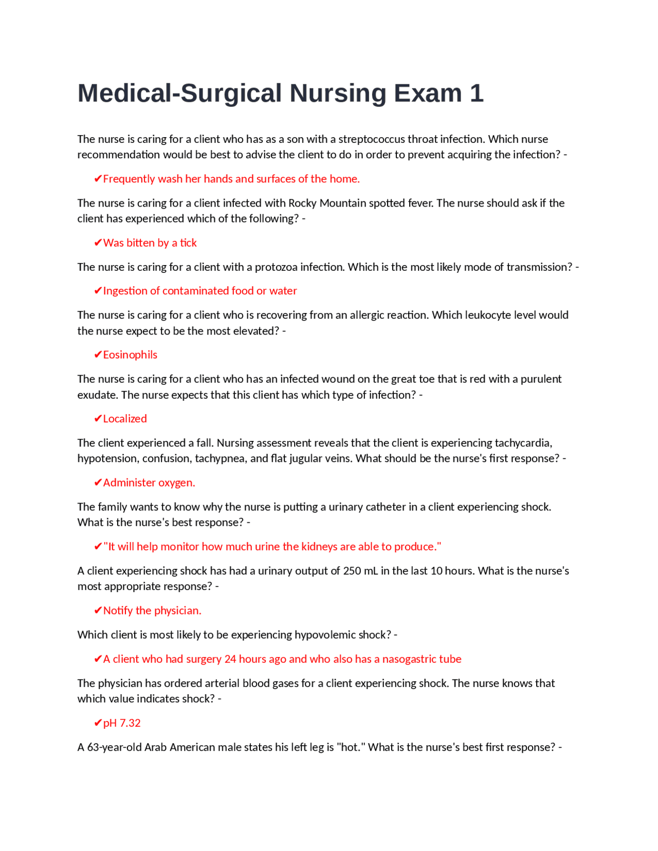 Medical-Surgical Nursing Exam 1 | Exams Nursing | Docsity