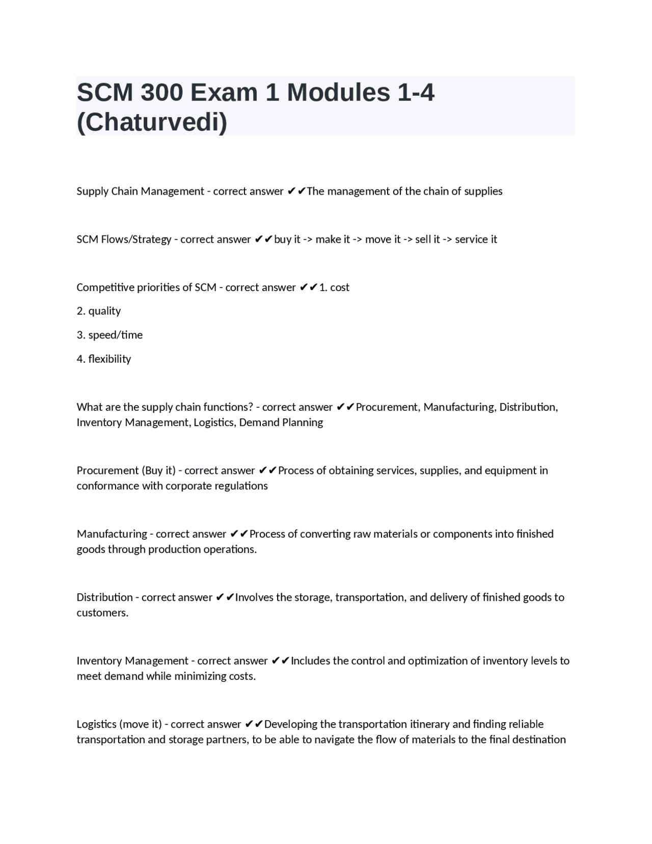 SCM 300 Exam 1 Modules 1-4 (Chaturvedi) well answered to pass | Exams ...