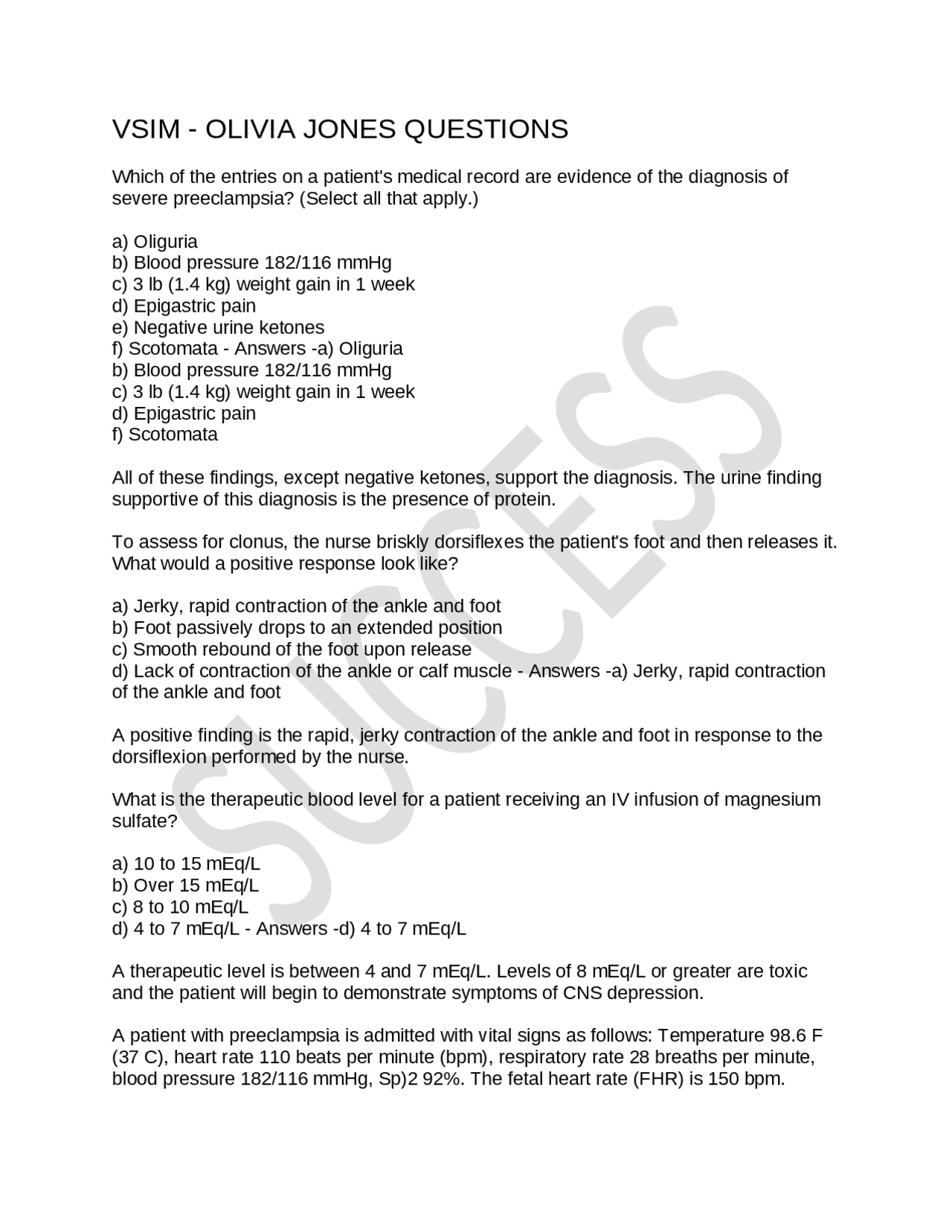 VSIM - OLIVIA JONES QUESTIONS | Exams Nursing | Docsity