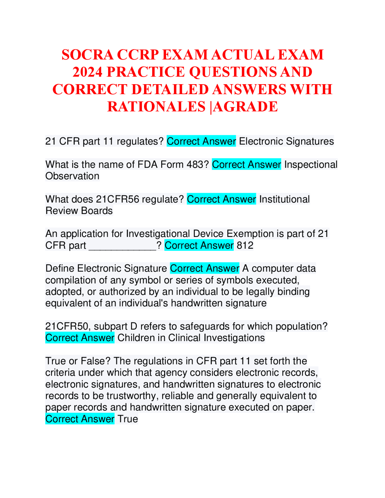 SOCRA CCRP EXAM ACTUAL EXAM 2024 PRACTICE QUESTIONS AND CORRECT ...