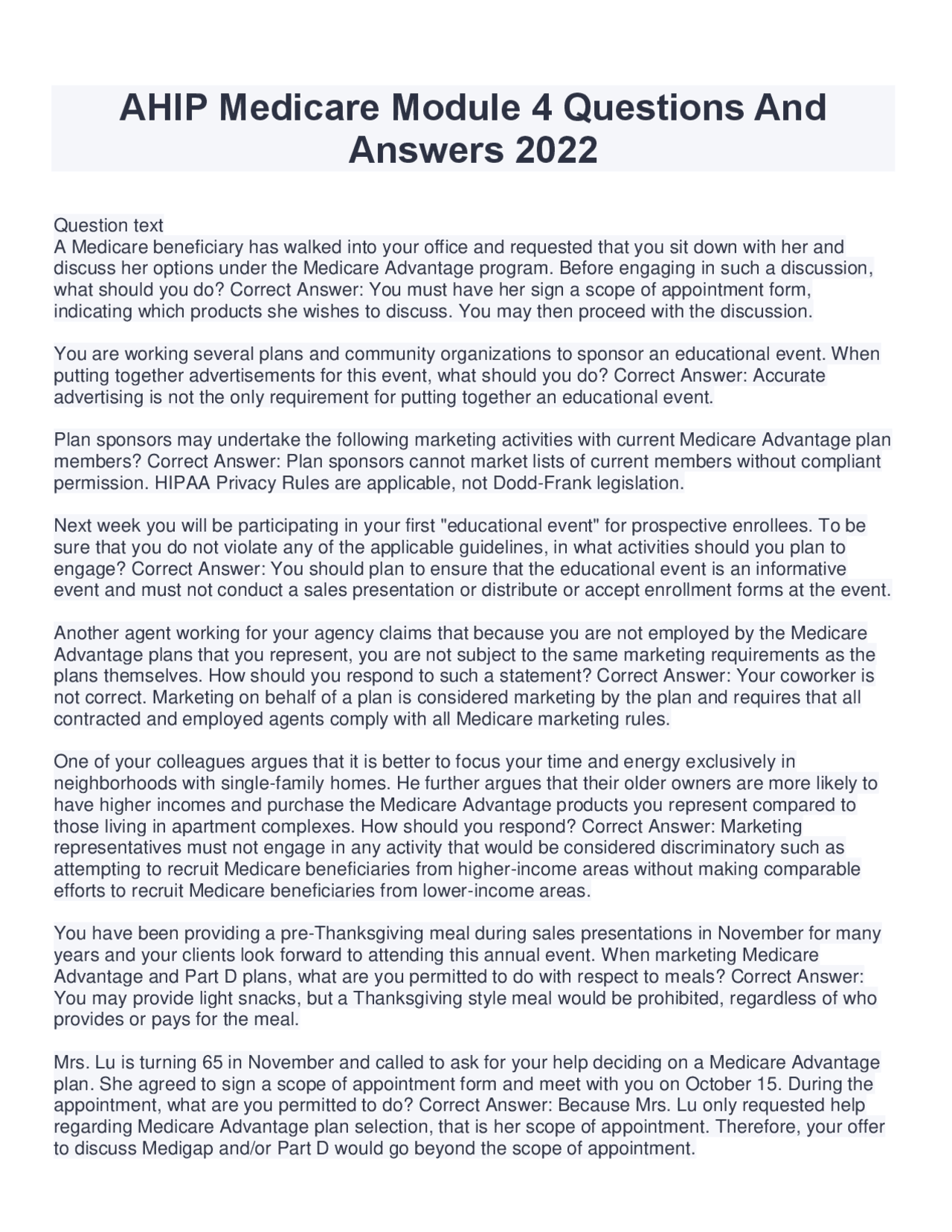 AHIP Medicare Module 4 Questions And Answers | Exams Nursing | Docsity