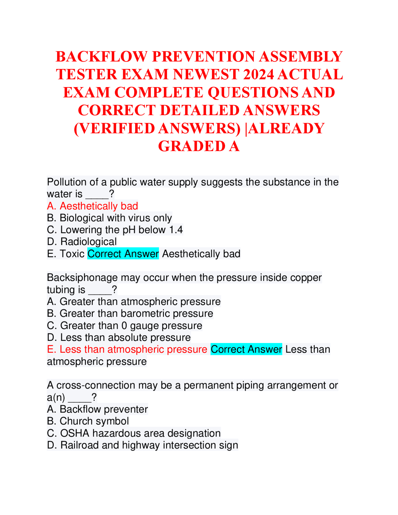BACKFLOW PREVENTION ASSEMBLY TESTER EXAM NEWEST 2024 ACTUAL EXAM ...
