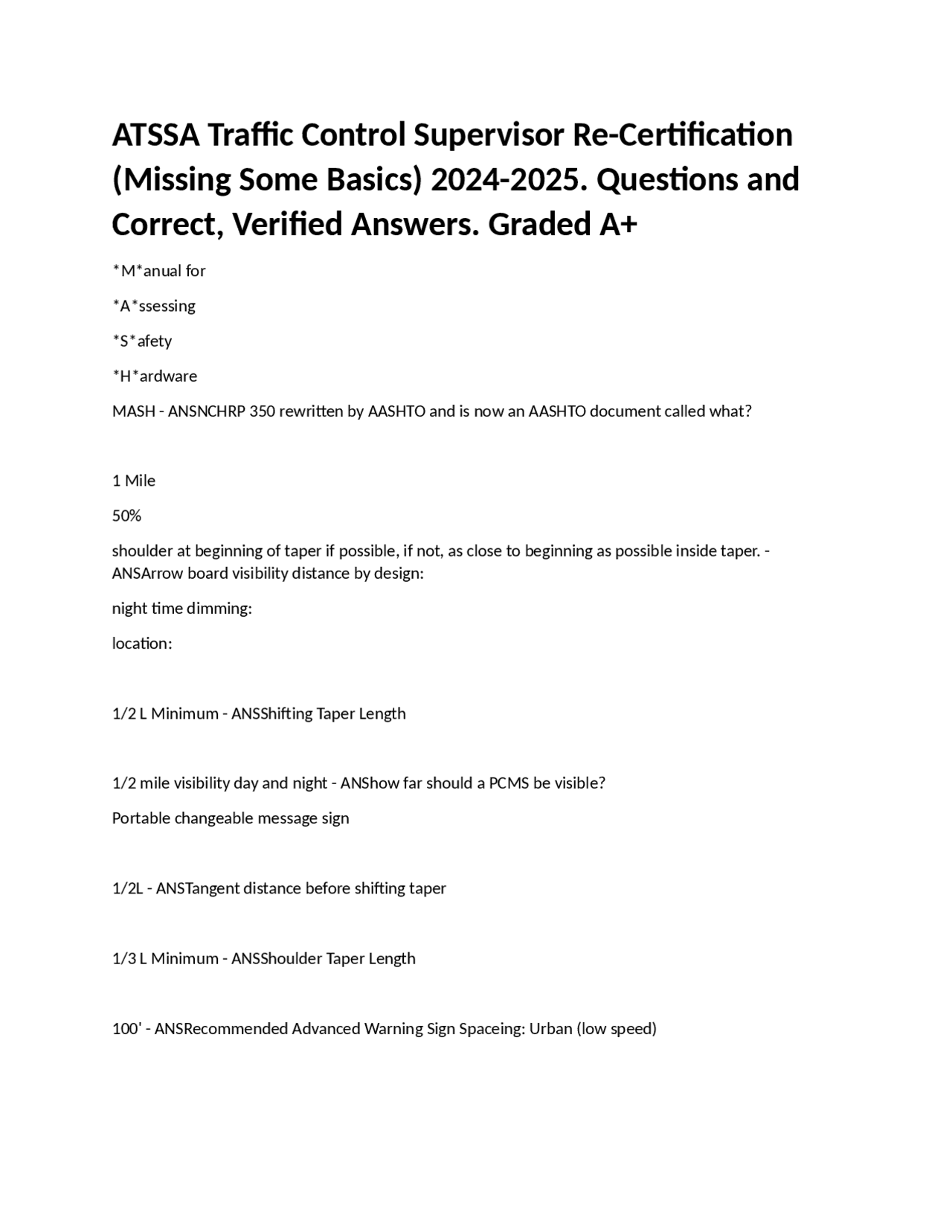 Atssa Traffic Control Supervisor Re Certification 2024 2025 Questions And Answers Grade A