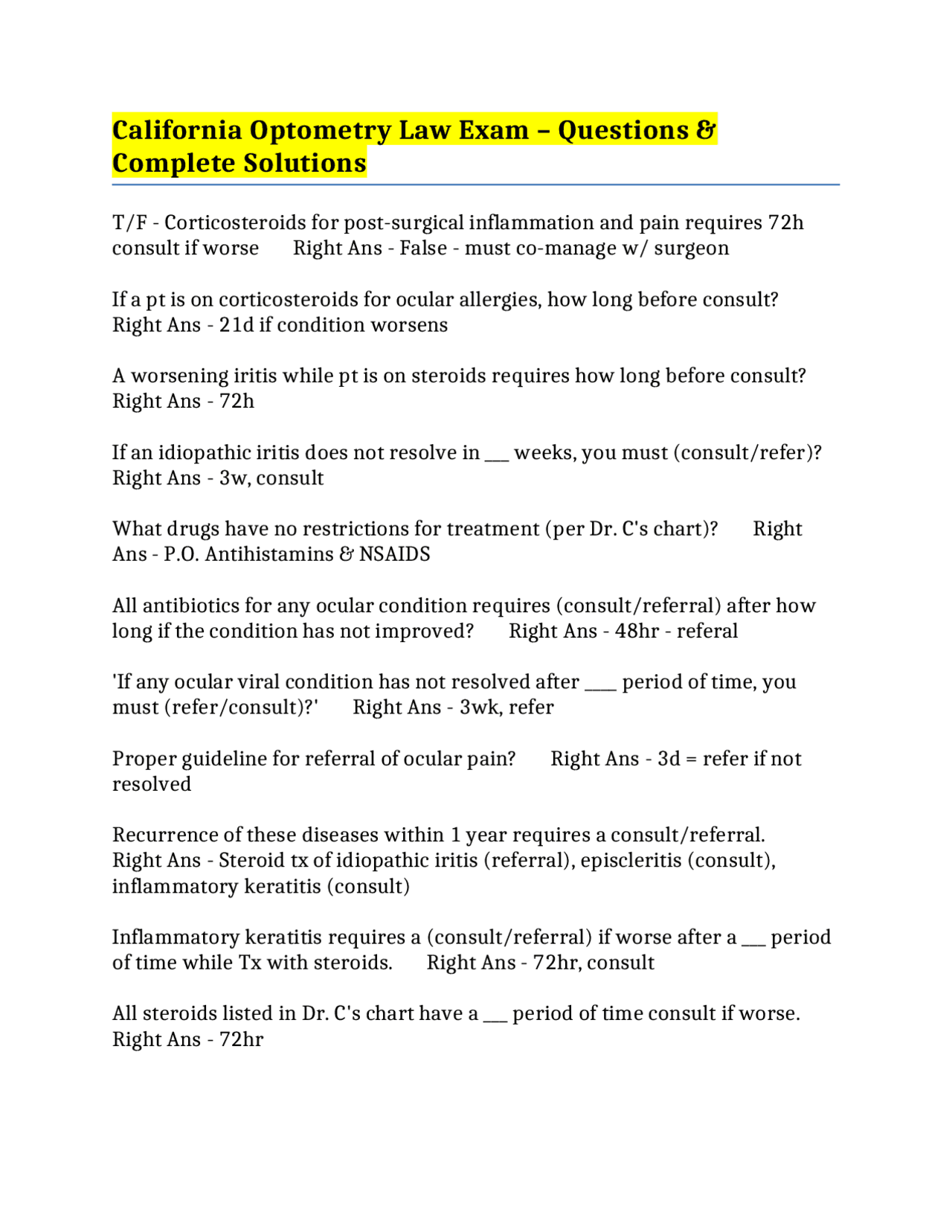 California Optometry Law Exam – Questions & Complete Solutions | Exams ...