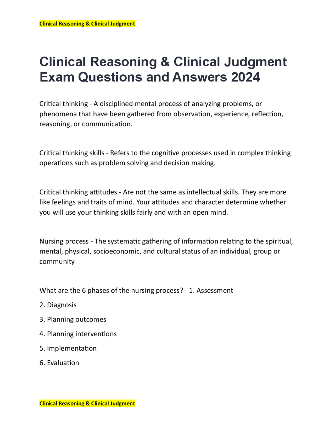 Clinical Reasoning & Clinical Judgment Exam Questions and Answers 2024 ...
