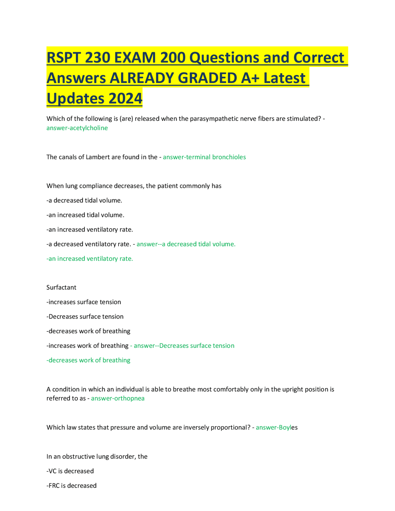 RSPT 230 EXAM 200 Questions and Correct Answers ALREADY GRADED A+ ...