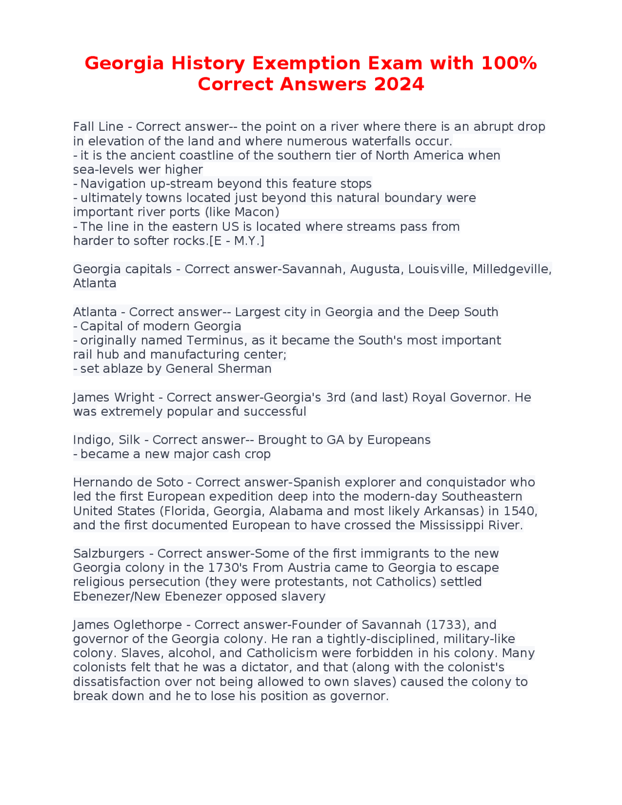 Georgia History Exemption Exam with 100% Correct Answers 2024 | Exams ...