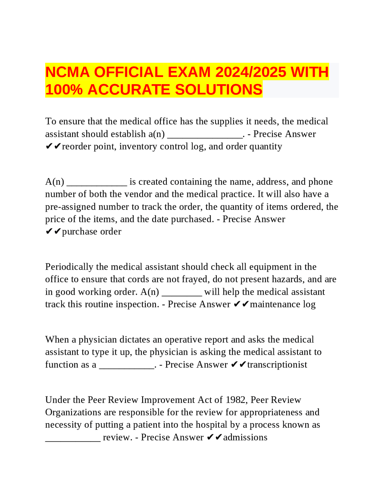 NCMA OFFICIAL EXAM 2024/2025 WITH 100% ACCURATE SOLUTIONS | Exams ...
