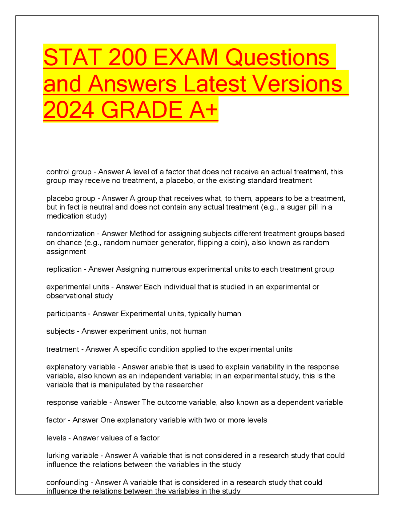 STAT 200 EXAM Questions and Answers Latest Versions 2024 GRADE A+ ...