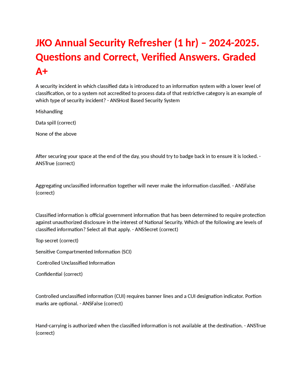 JKO Annual Security Refresher (1 hr) – 2024-2025. Questions and Correct ...