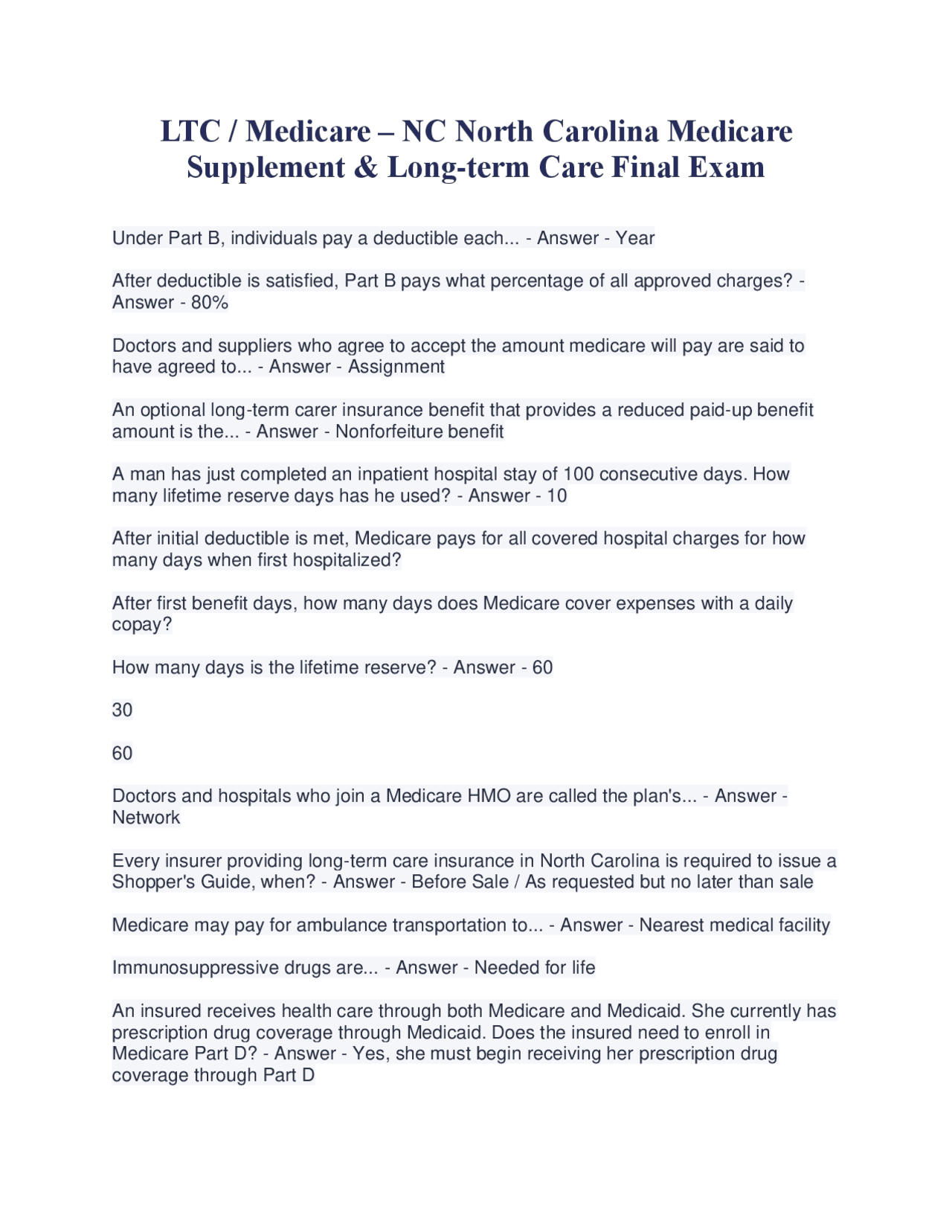 NC North Carolina Medicare Supplement & Long-term Care Final Exam ...