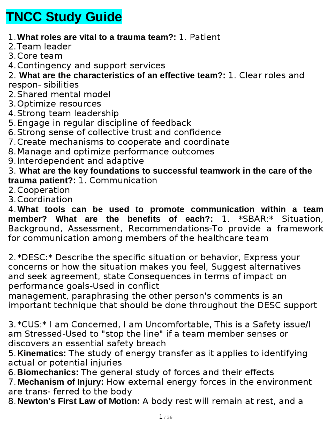 TNCC Study GuideTNCC Study Guide | Exams Nursing | Docsity