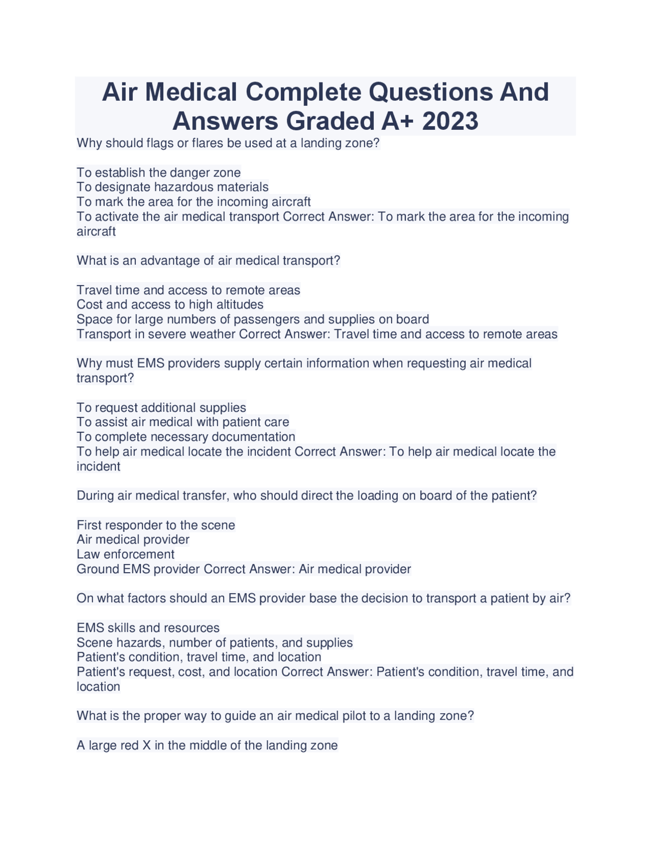 Air Medical Transport: Comprehensive Questions and Answers | Exams ...