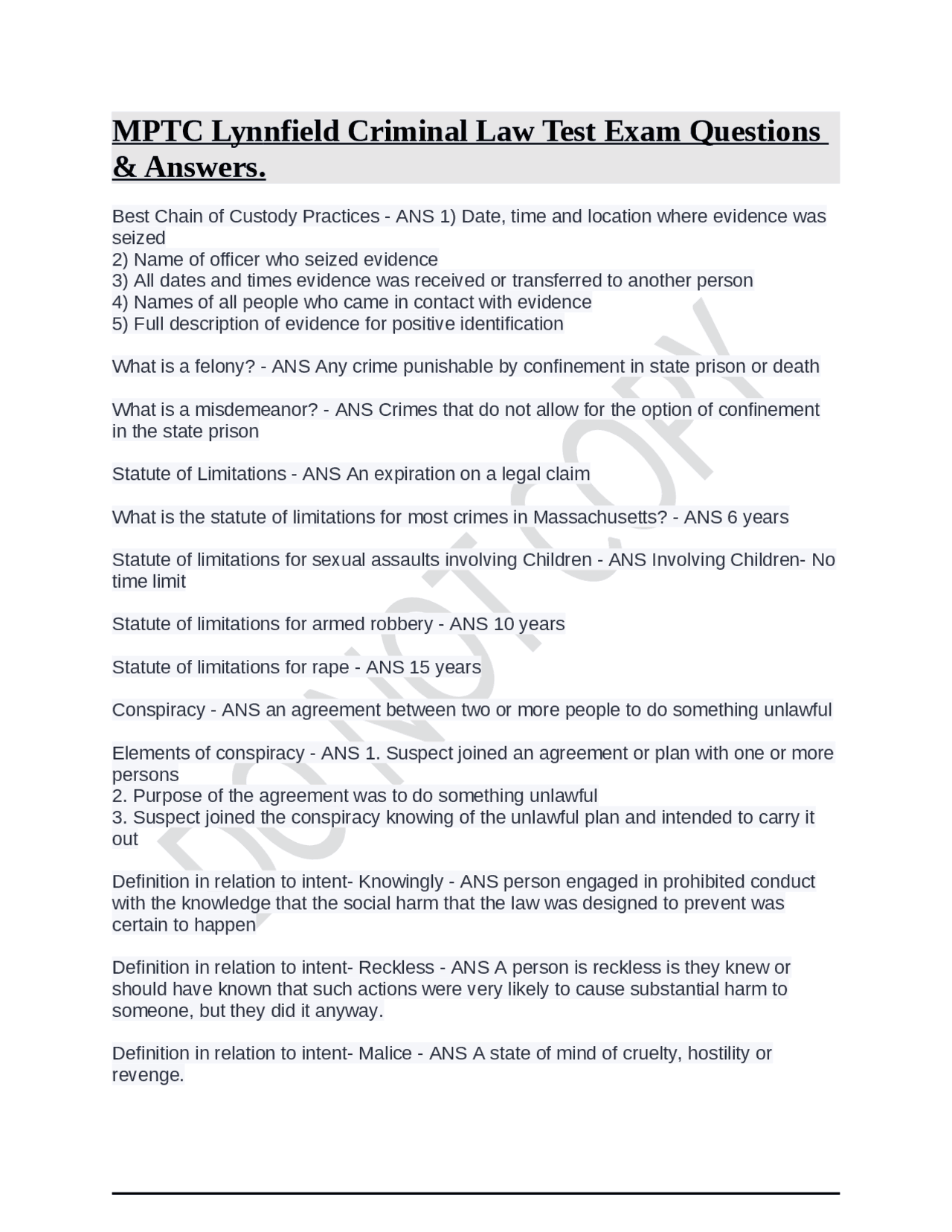 MPTC Lynnfield Criminal Law Test Exam Questions & Answers | Exams Law ...