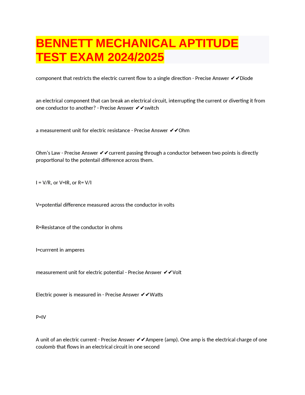 BENNETT MECHANICAL APTITUDE TEST EXAM 2024/2025 | Exams Nursing | Docsity