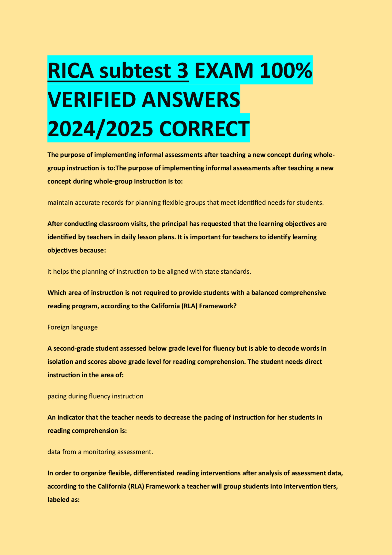 RICA subtest 3 EXAM 100% VERIFIED ANSWERS 2024/2025 CORRECT | Exams ...
