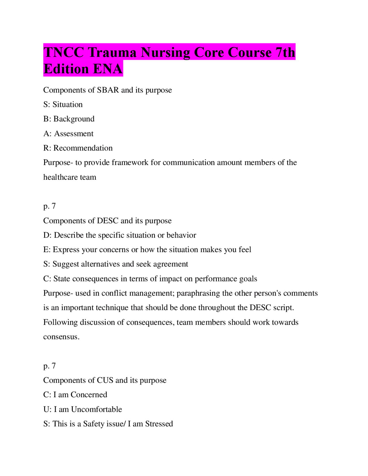 TNCC Trauma Nursing Core Course 7th Edition ENA | Exams Nursing | Docsity