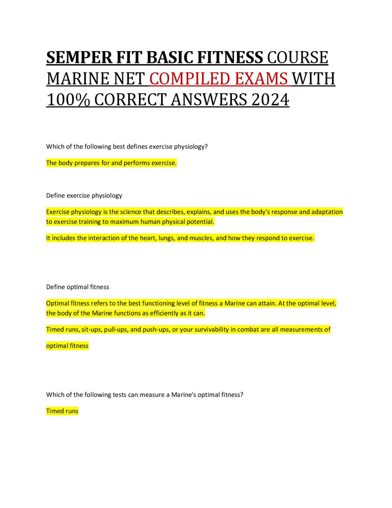SEMPER FIT BASIC FITNESS COURSE MARINE NET COMPILED EXAMS WITH 100% CORRECT ANSWERS 2024 | Exams ...
