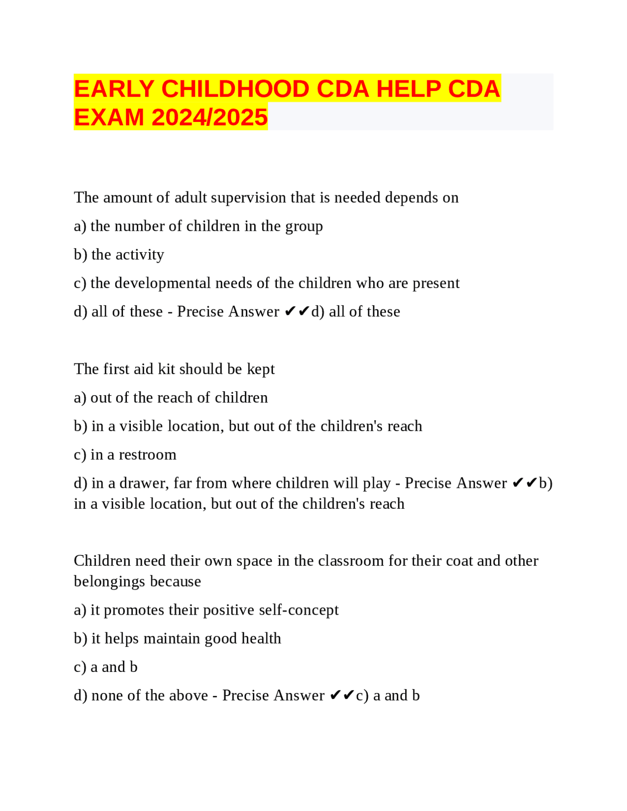 Early Childhood CDA Exam 2024/2025 | Exams Nursing | Docsity